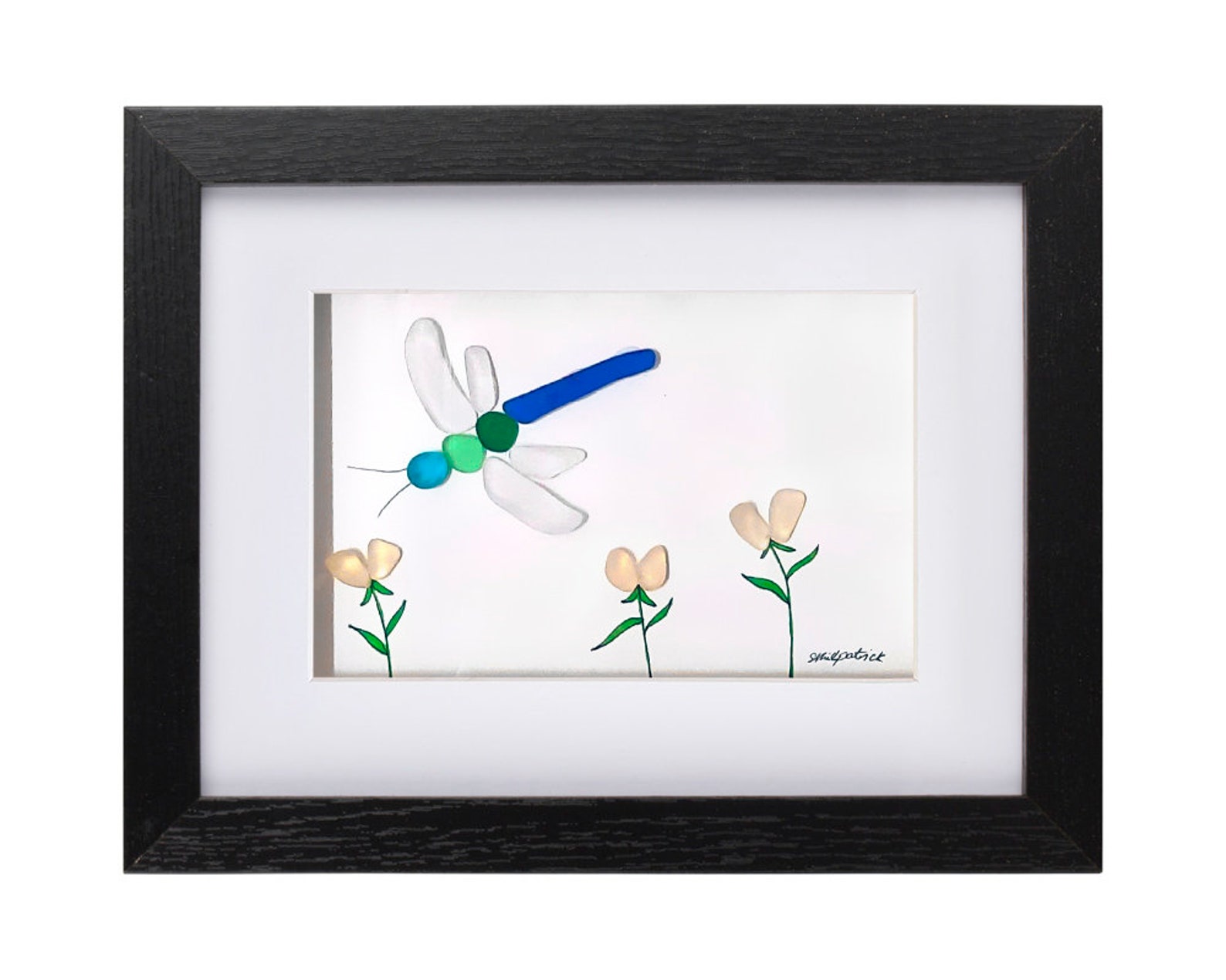 Dragonfly Unique Pebble Art & Sea Glass Picture Framed | Etsy