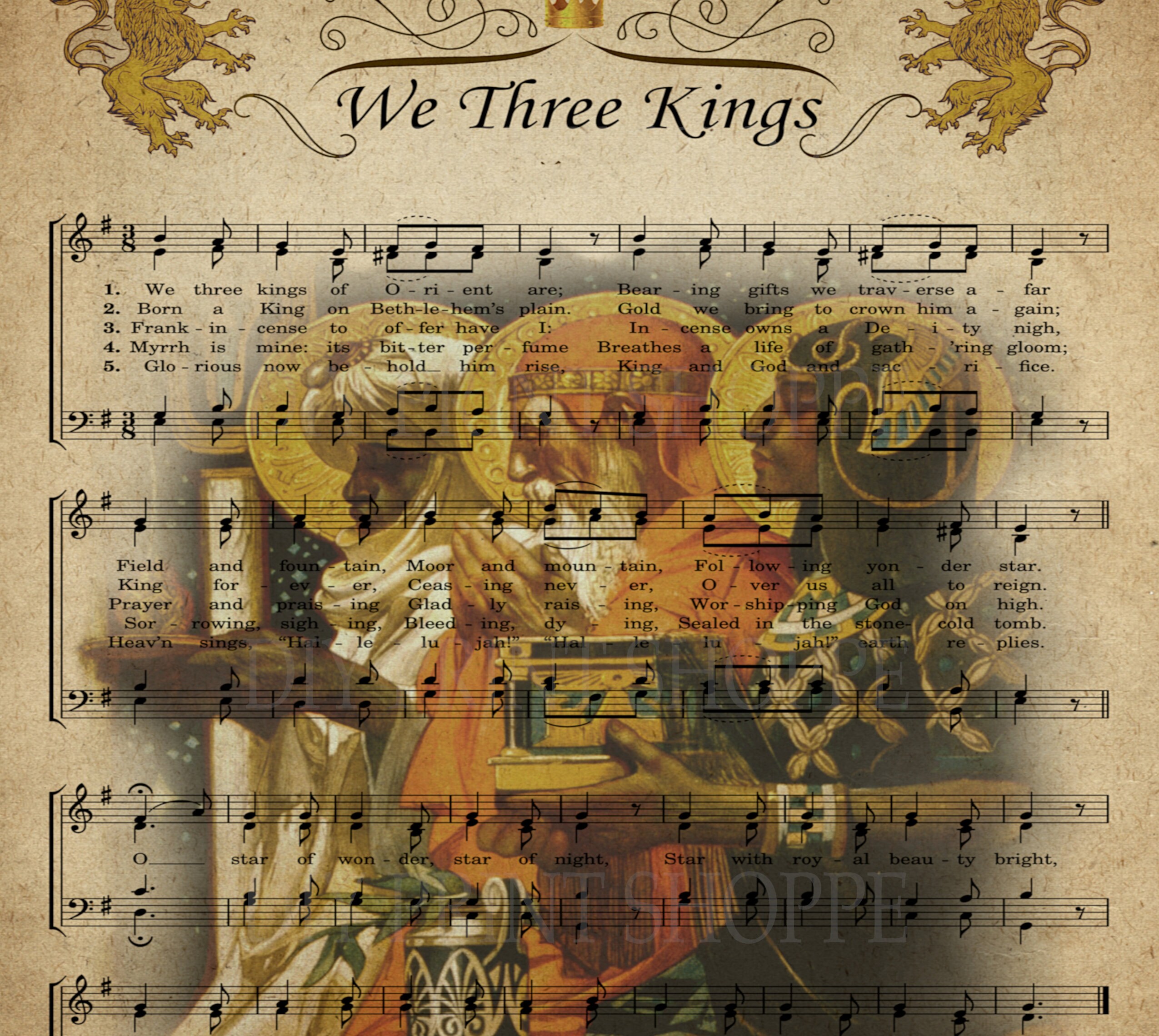 We Three Kings Sheet Music Art: Vintage Christmas Carol (digital Print ...