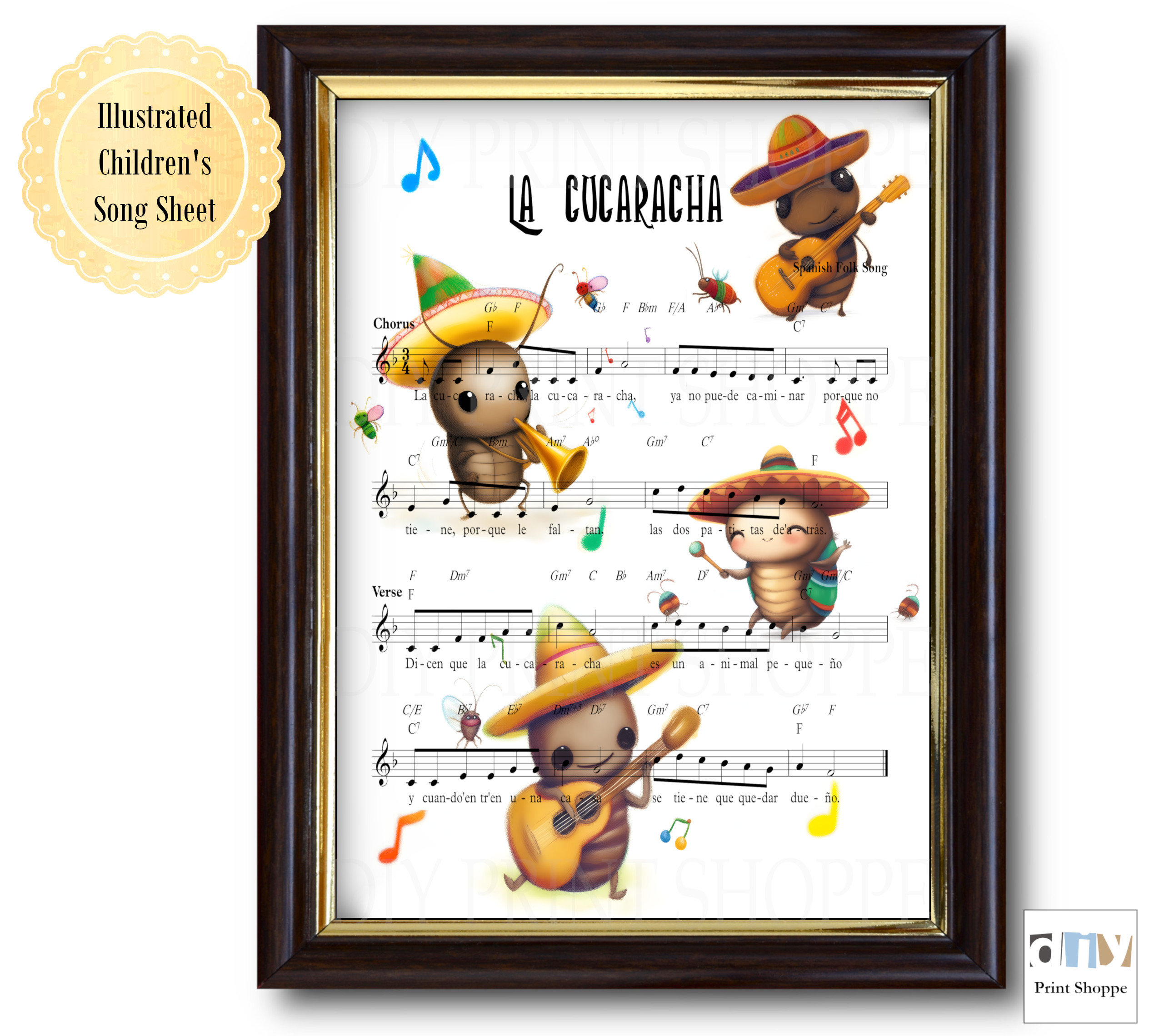 La Cucaracha, Mexican Folk Song, Sheet Music Art, Nursery Wall Art ...