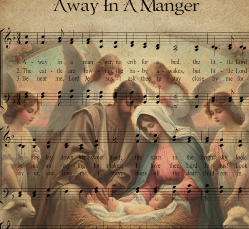 Away in A Manger Sheet Music Art, Christmas Carol Poster - Etsy UK