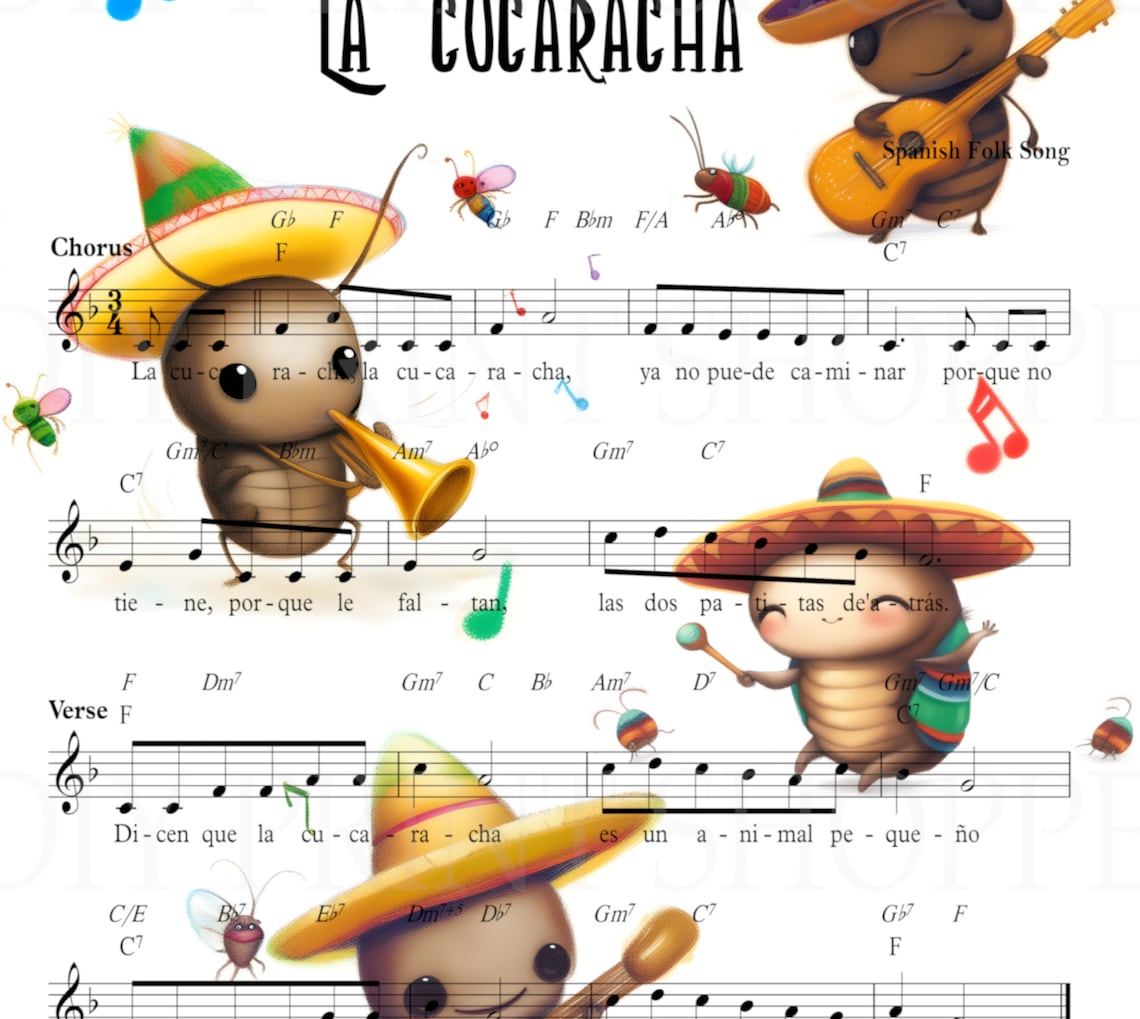 La Cucaracha, Mexican Folk Song, Sheet Music Art, Nursery Wall Art ...