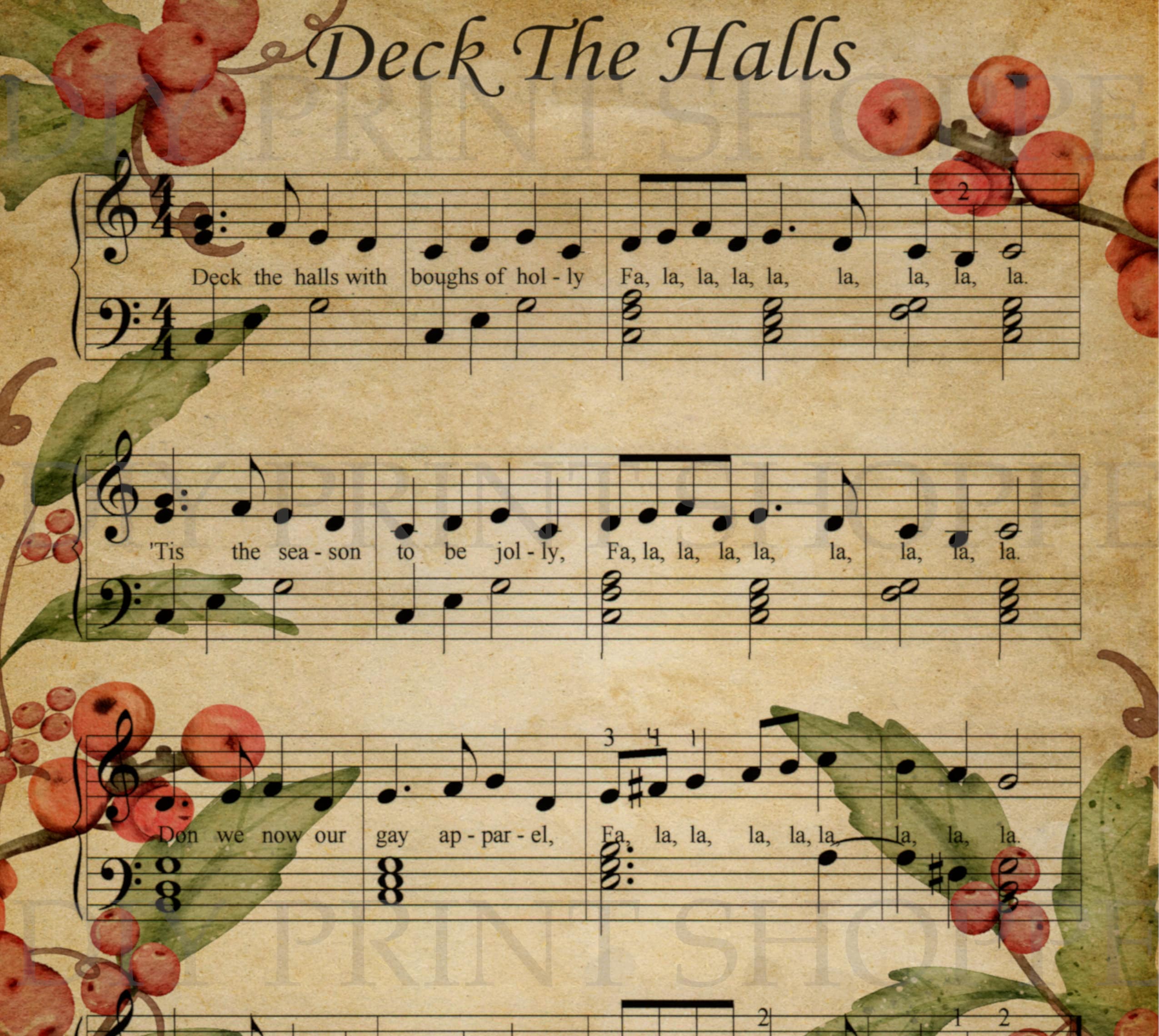 Deck the Halls, Vintage Printable, Song Lyric Print, Christmas Song ...