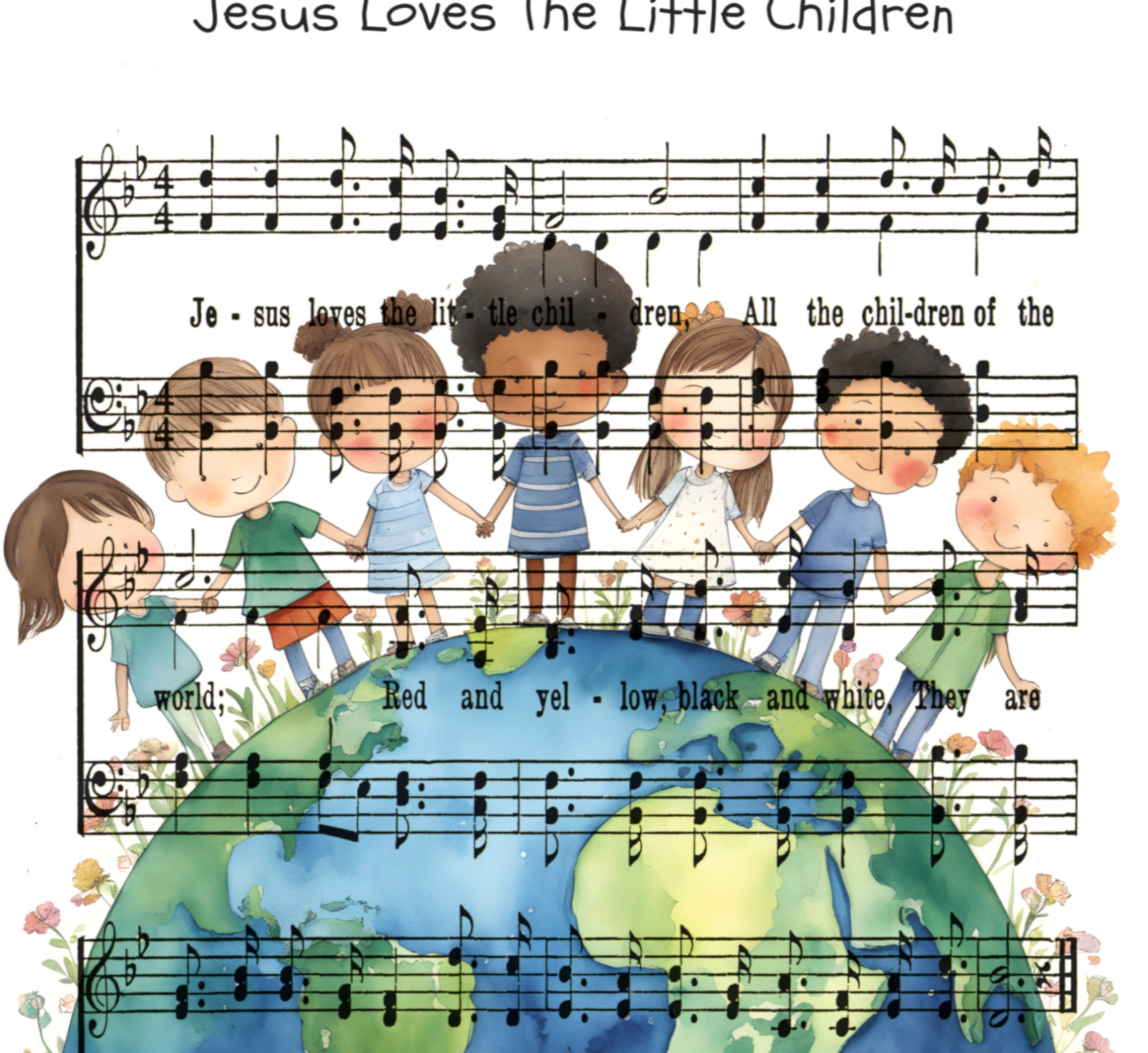 Jesus Loves the Little Children Sheet Music Art: Watercolor Christian ...