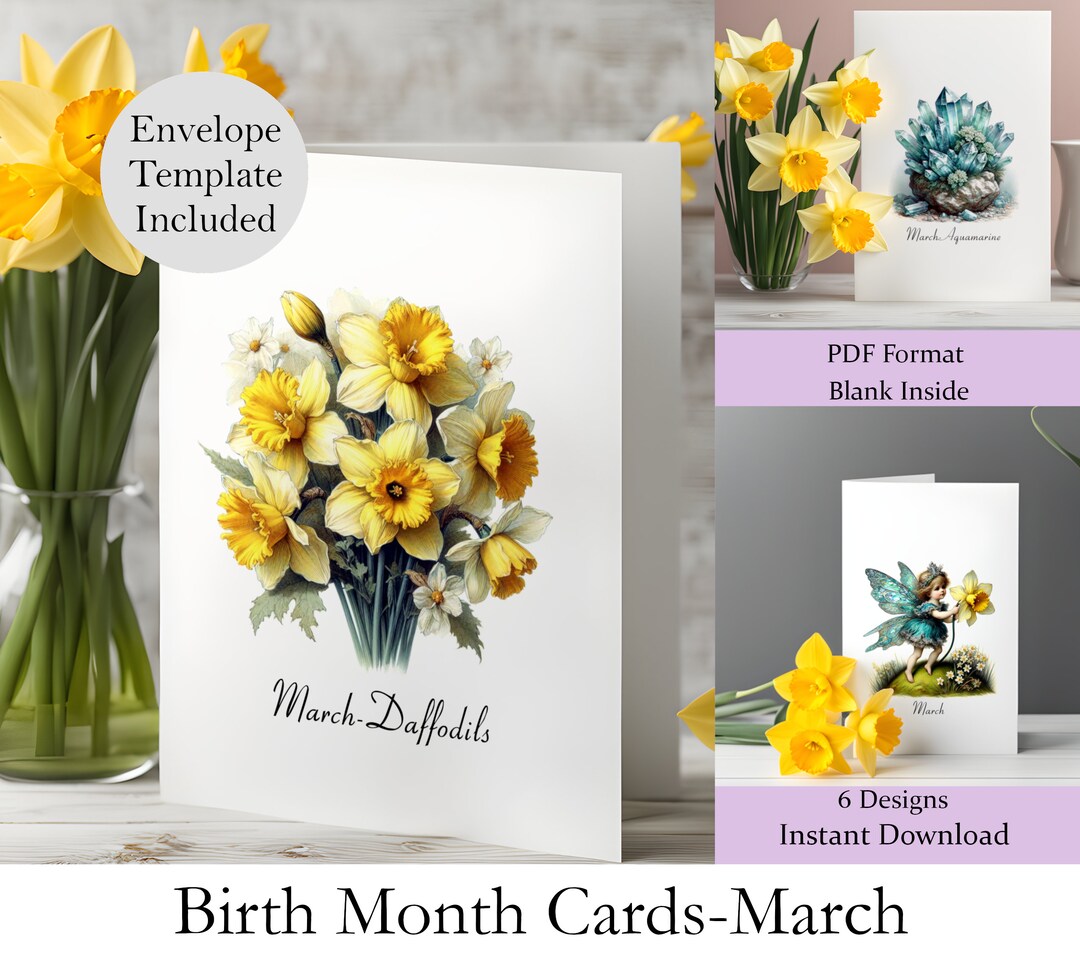 March Birth Month Greeting Cards: Daffodil & Aquamarine (digital ...