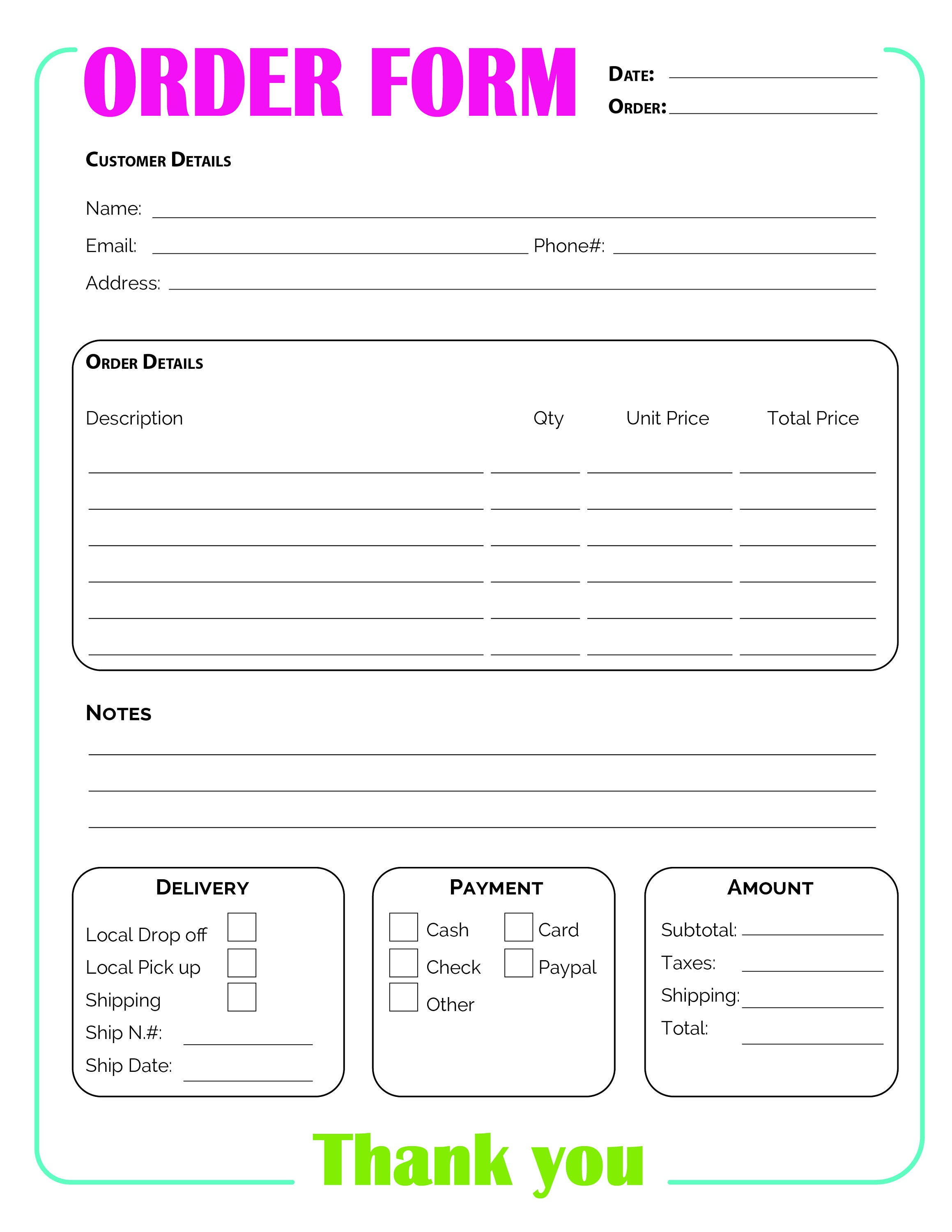 Order Form Template, Instant Download Small Business Tools, Customer ...