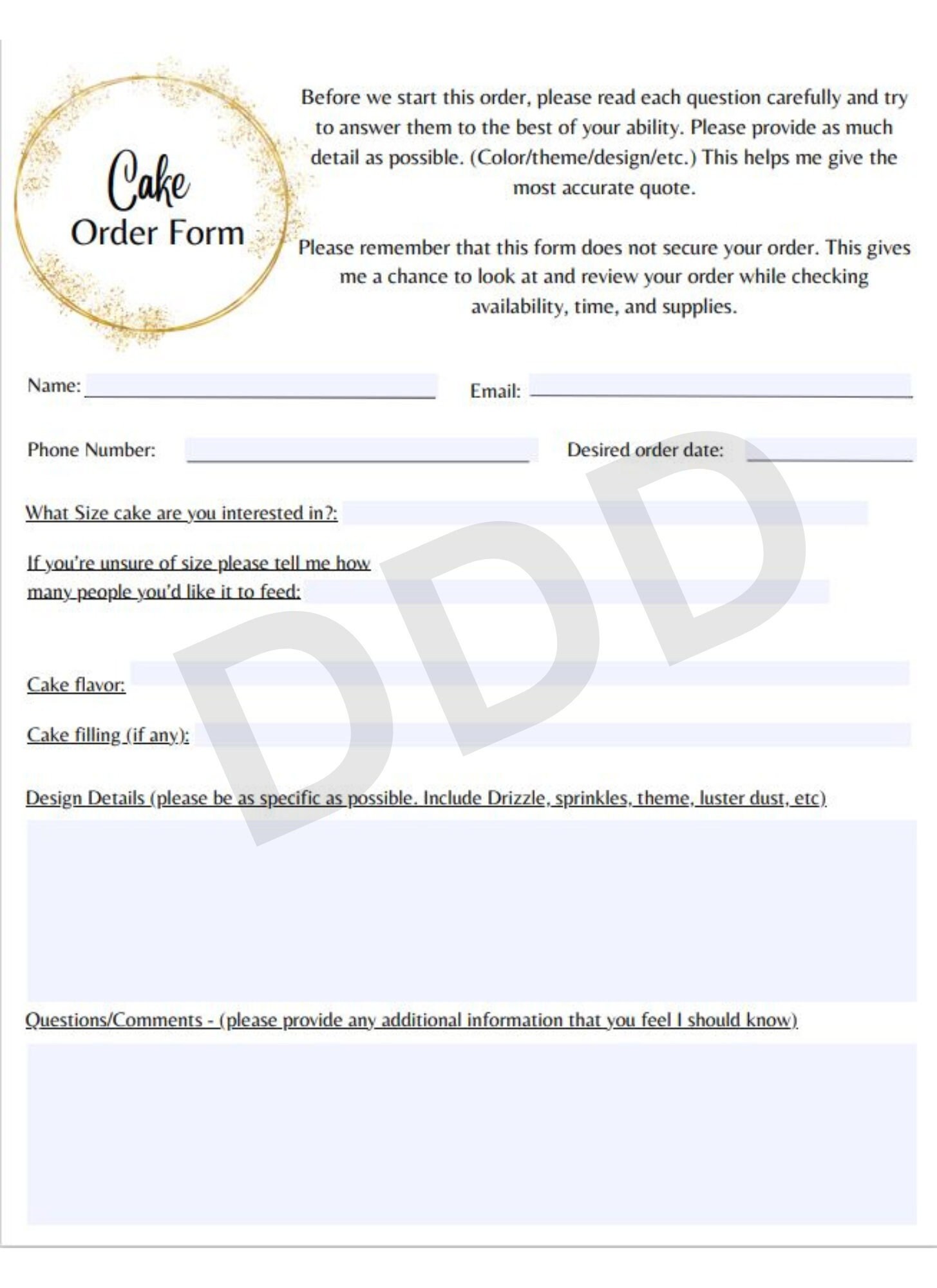 Fillable Cake and Treat Order Form - Etsy