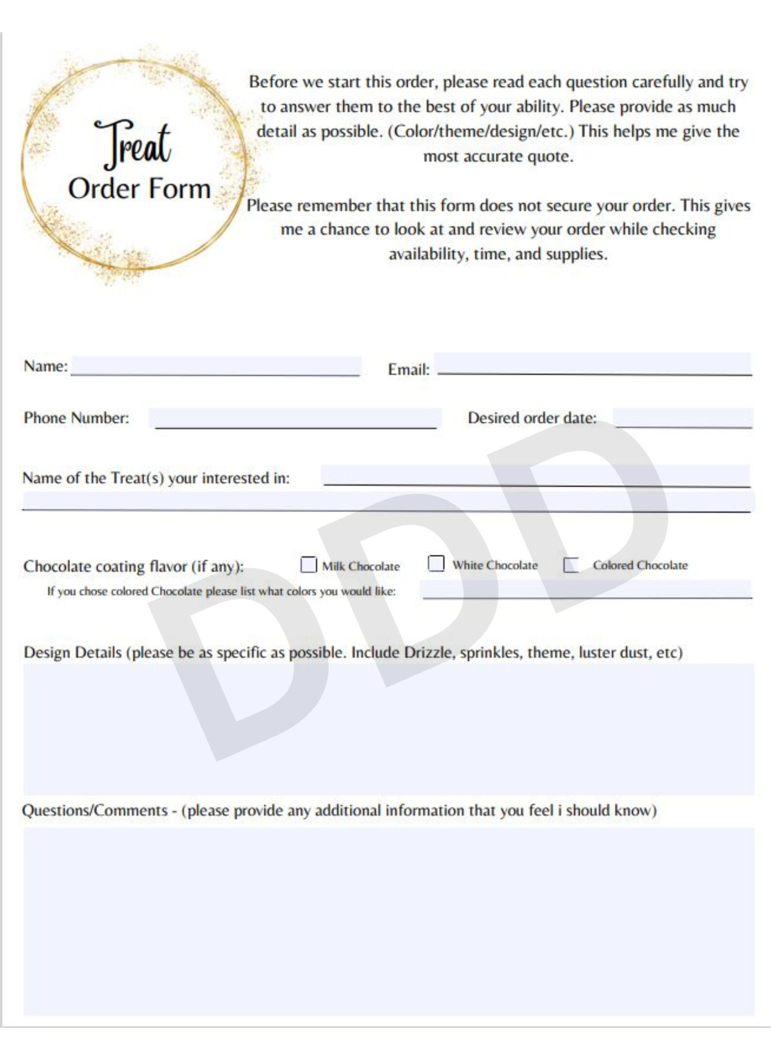Fillable Cake and Treat Order Form - Etsy