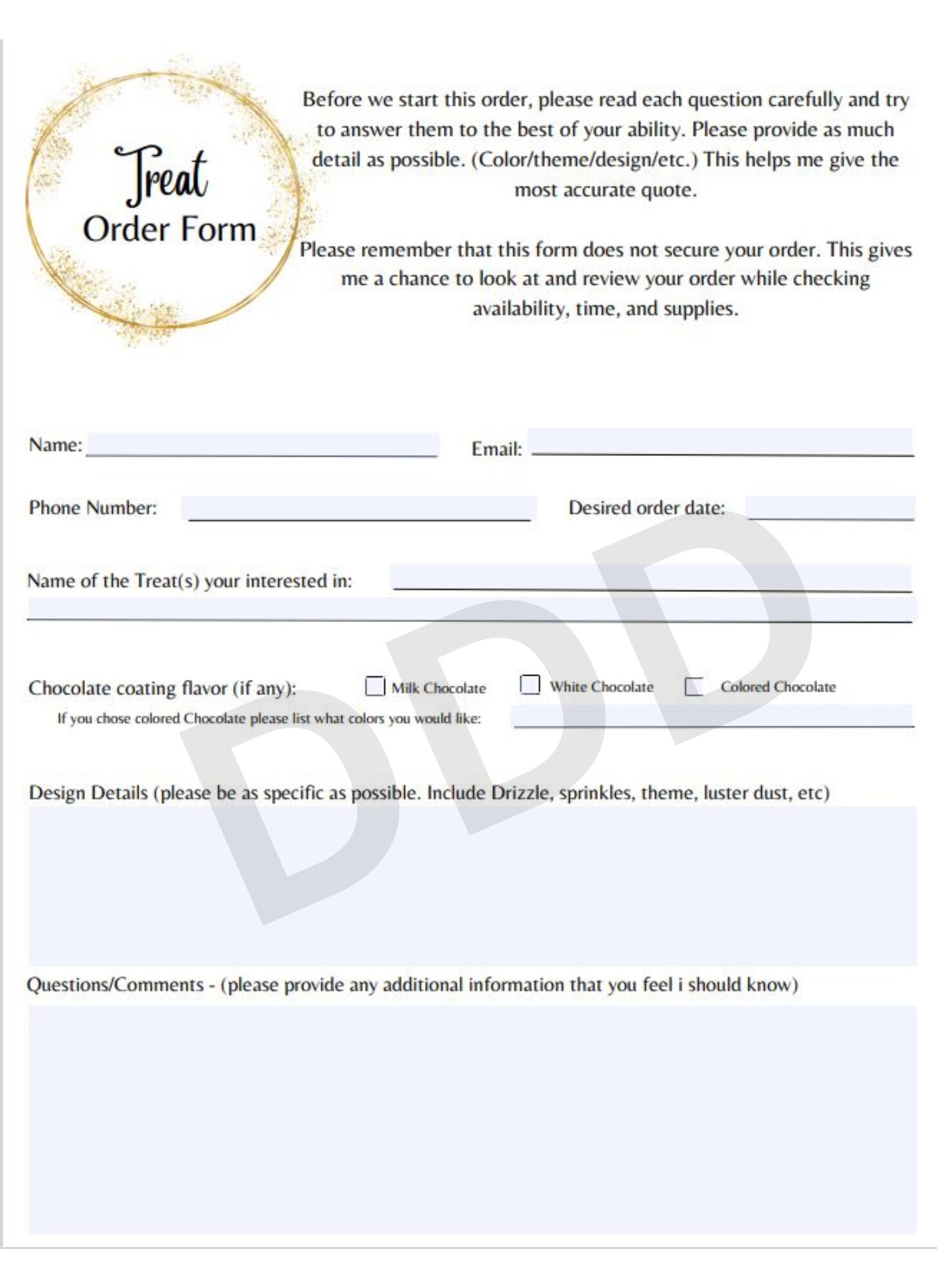 Fillable Cake and Treat Order Form - Etsy