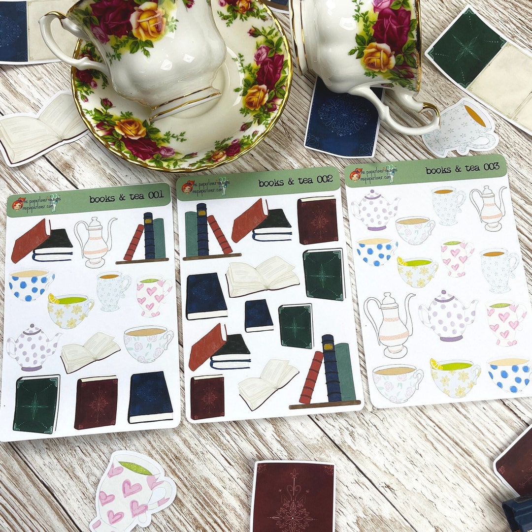 Books and Tea Stickers Vintage Book Tea Coffee Themed Sticker Sheets ...