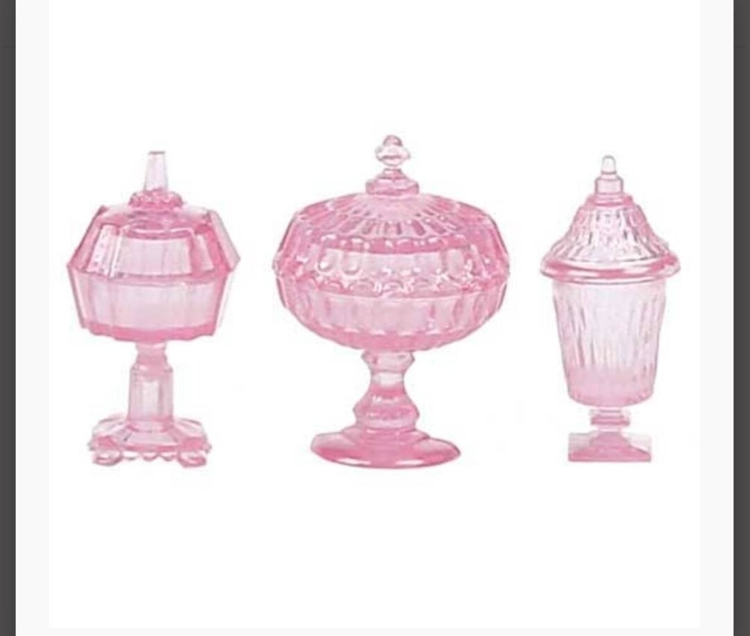 Miniature Dollshouse Accessories 3 Piece Pink Glass Look Candy Dishes ...