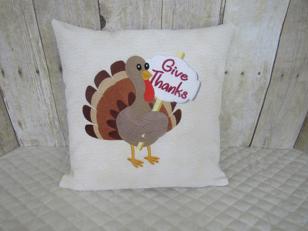 Embroidered Thanksgiving Pillow, Turkey Pillow Cover, Give Thanks ...