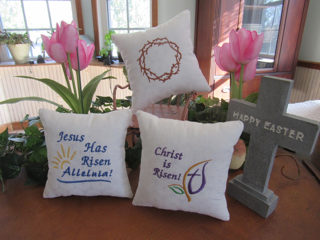 Embroidered Religious Easter Mini Pillows, Crown of Thorns, Christ is ...