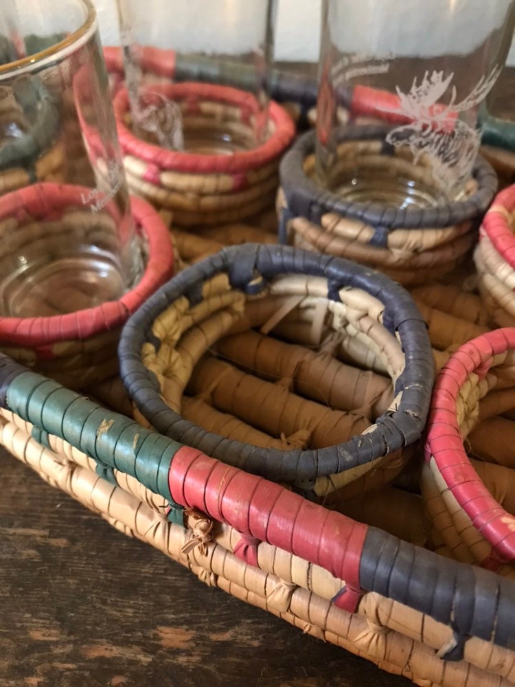 Vintage Woven Straw Drink Caddy Oval Tray With | Etsy