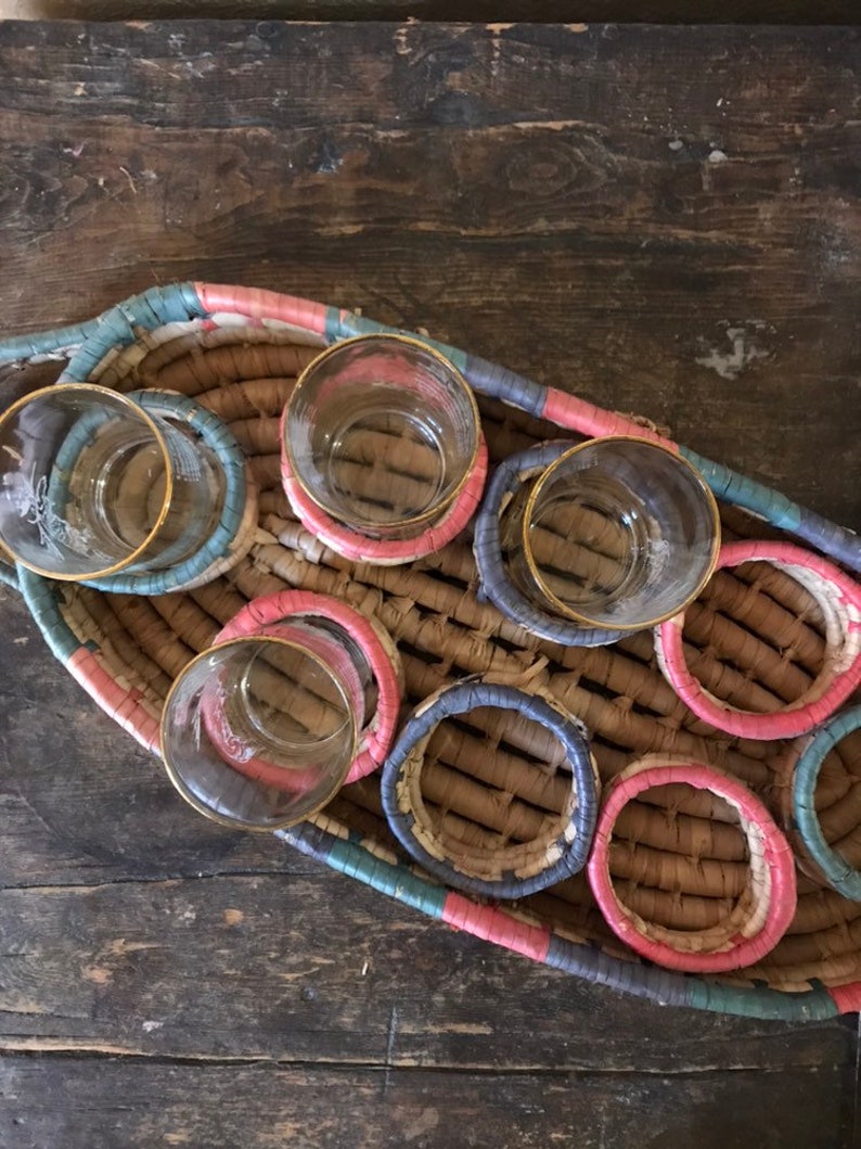 Vintage Woven Straw Drink Caddy Oval Tray With - Etsy
