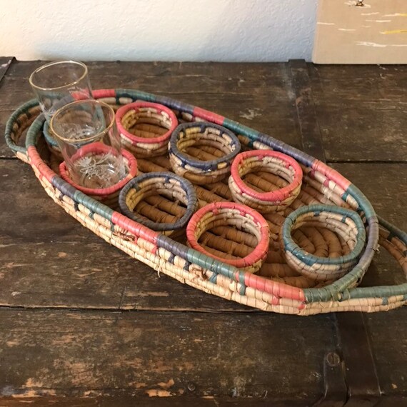Vintage Woven Straw Drink Caddy Oval Tray With | Etsy