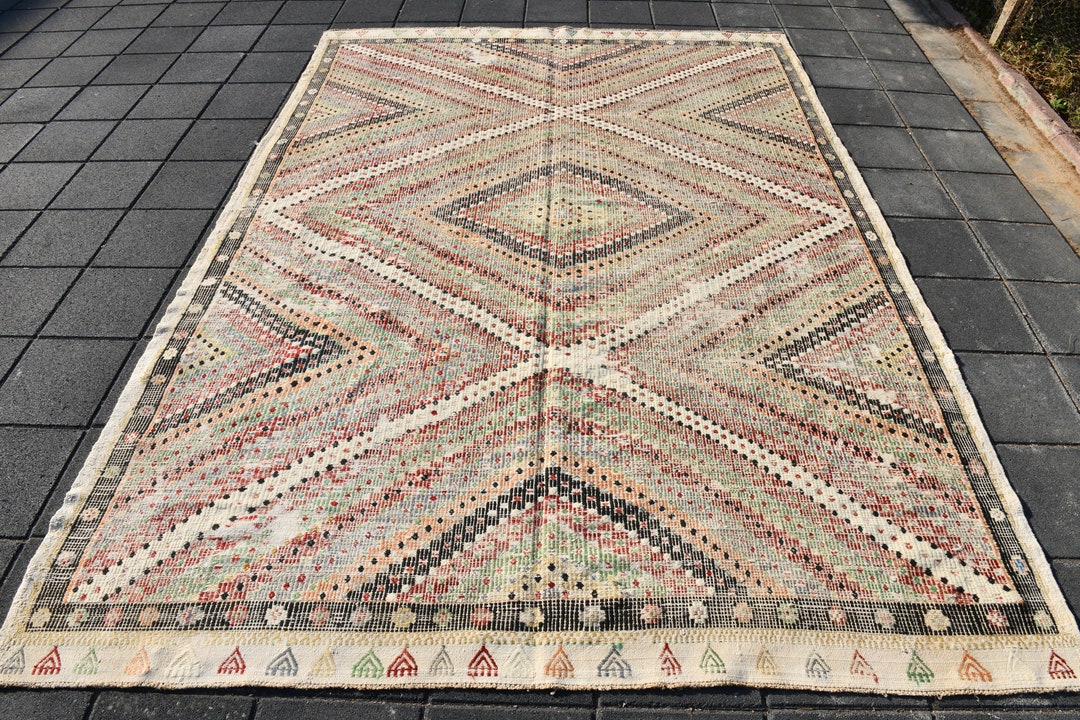 7x9 Oushak Vintage Kiilim Rug, Shades of Green Beige Kilim Wool ...