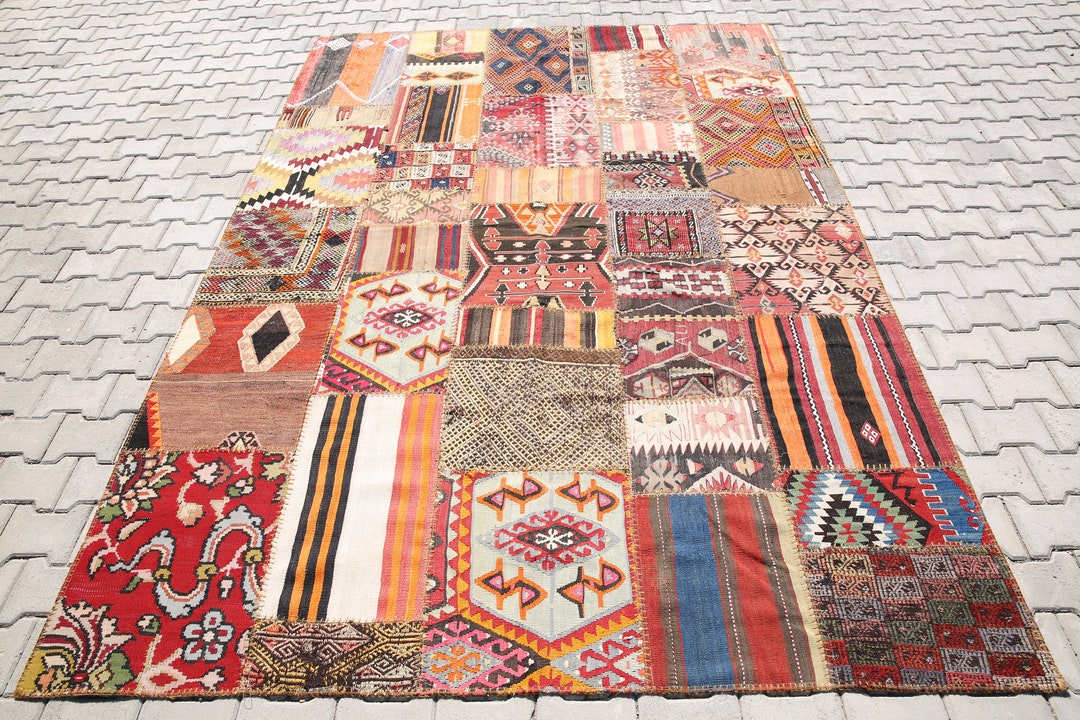 7x10 Bold Color Boho Kilim Patchwork Rug, 7x10, Shades of Bold Colorful ...