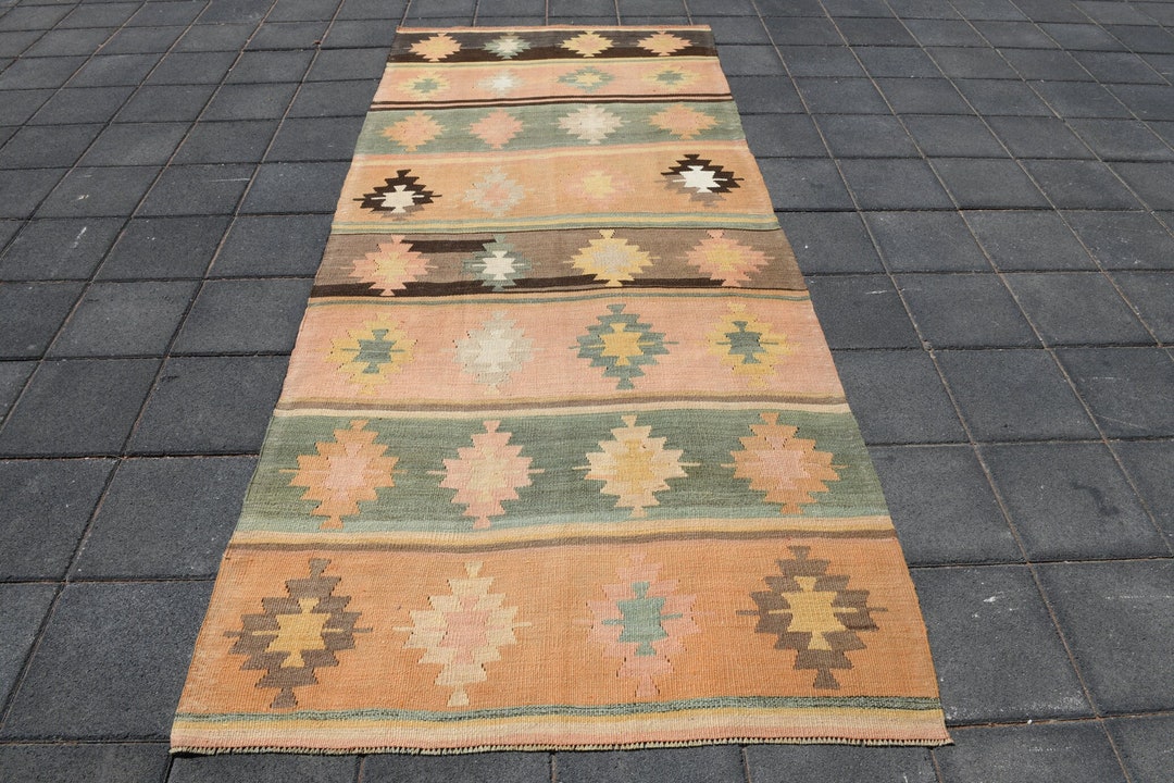 4x9 KILIM TURKISH VINTAGE Rug, Minimalist Style Orange Green Area Rugs ...