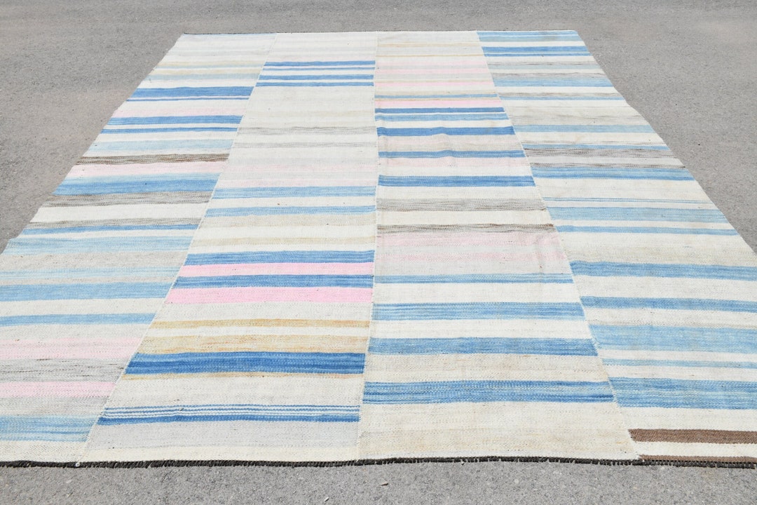 8x12 Area Rug, 8x12 Blue & Ivory Vintage Kilim Rug, 8x12 Oversize Kilim ...