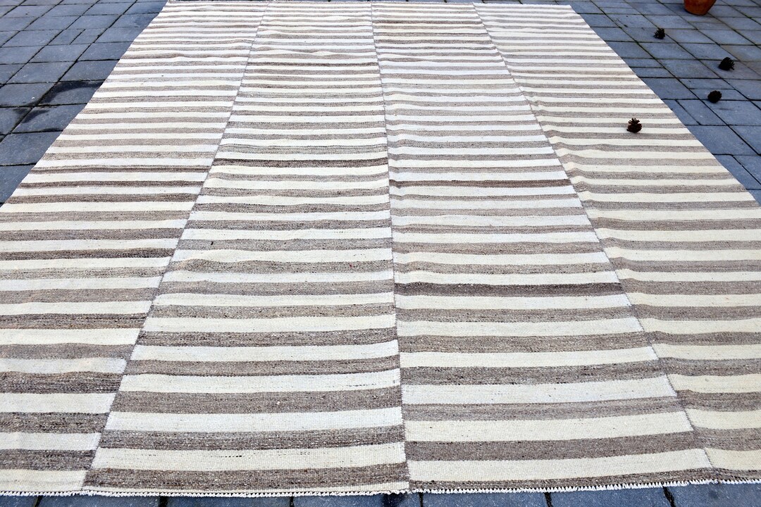 10x13 Customizable Size Hand Woven Beige & Brown Colored Striped Kilim ...