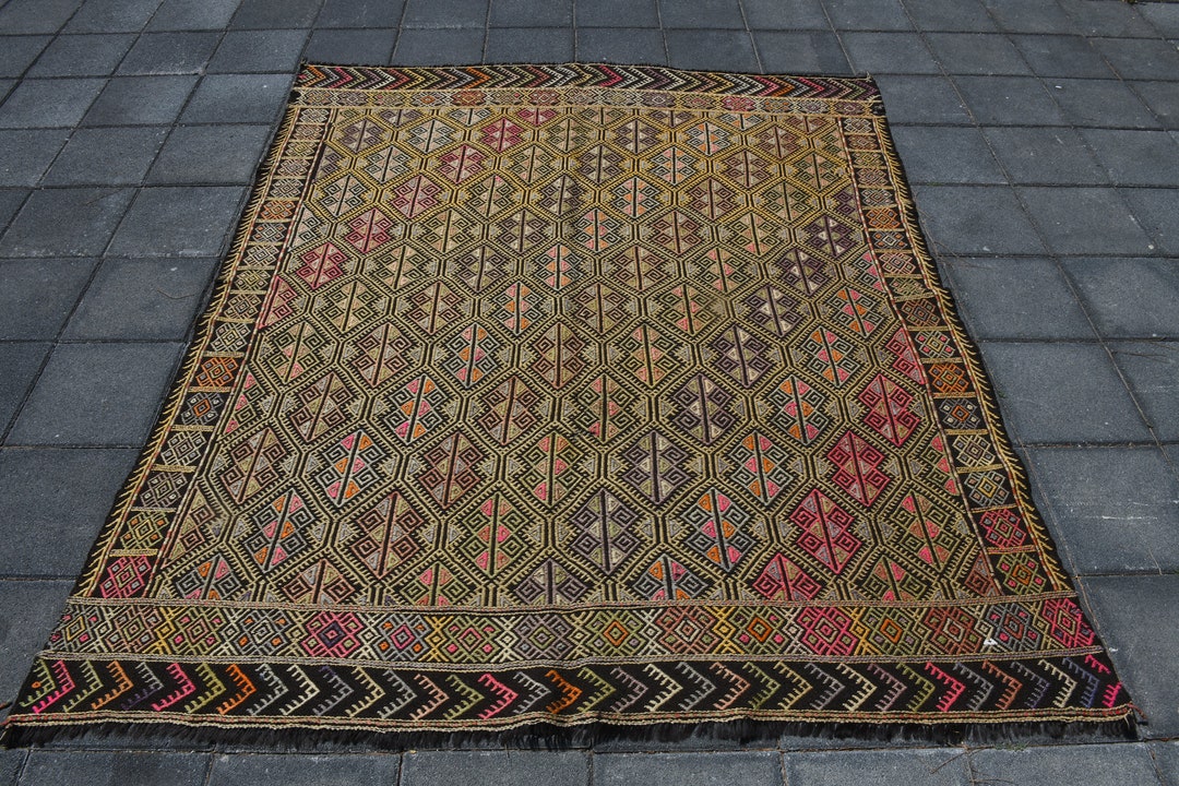 6x7 Area Rug, 6x7 Yellow & Black Kilim Rug, 6x7 Kilim Rug, Turkey ...