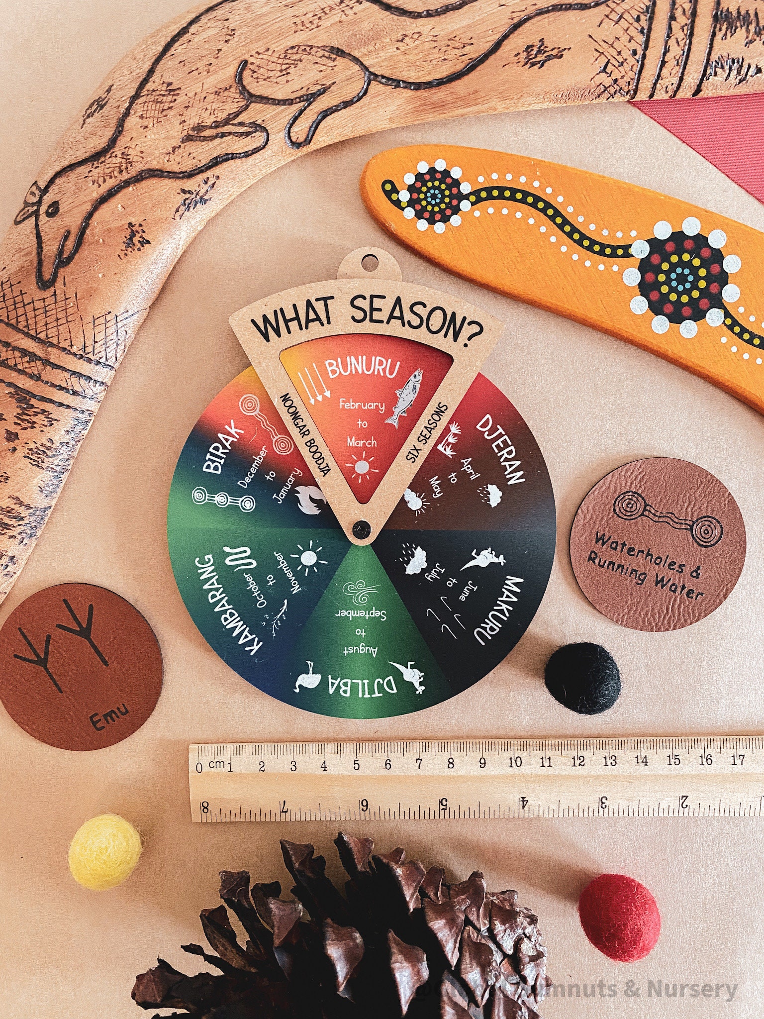 Noongar 6 Seasons Wood Spinner Dial & Viewer Window | 6 Aboriginal ...