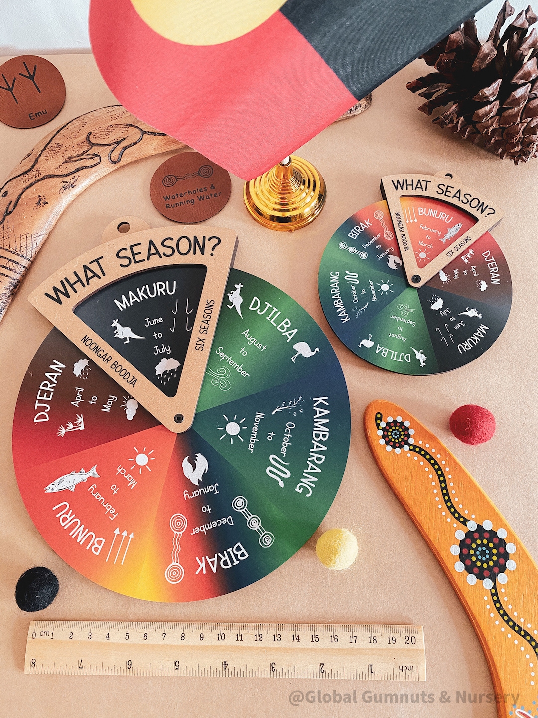 Noongar 6 Seasons Wood Spinner Dial & Viewer Window | 6 Aboriginal ...