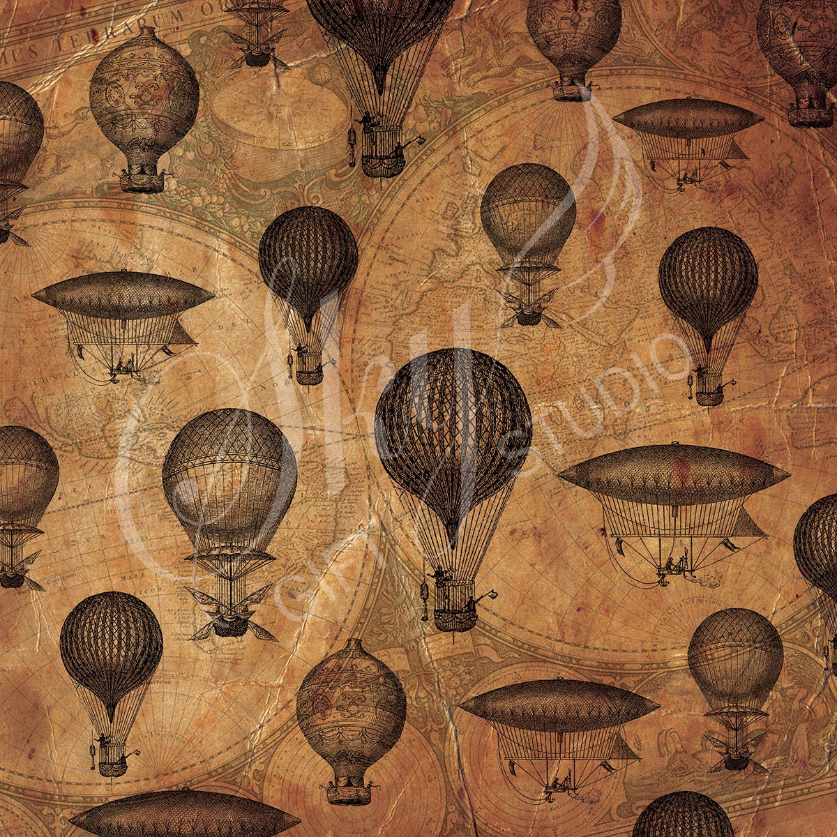 Hot Air Balloon Digital Paper, Vintage Scrapbooking Paper Set, 5 ...