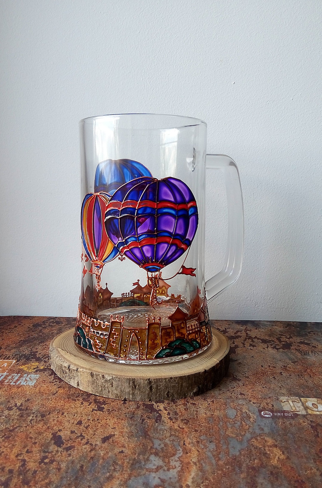 Hot Air Balloon Beer Mug Hand Painted Glass Glass Mug - Etsy
