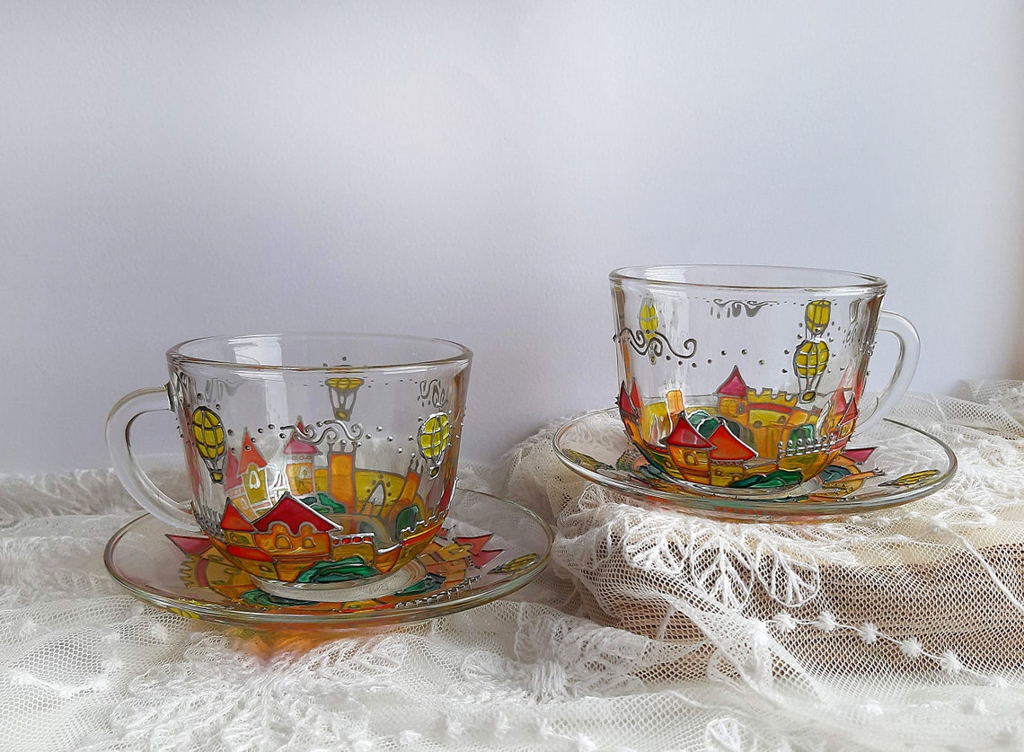 Colorful Tea Set 2 Cups With Saucers Tea Cups and Saucers | Etsy