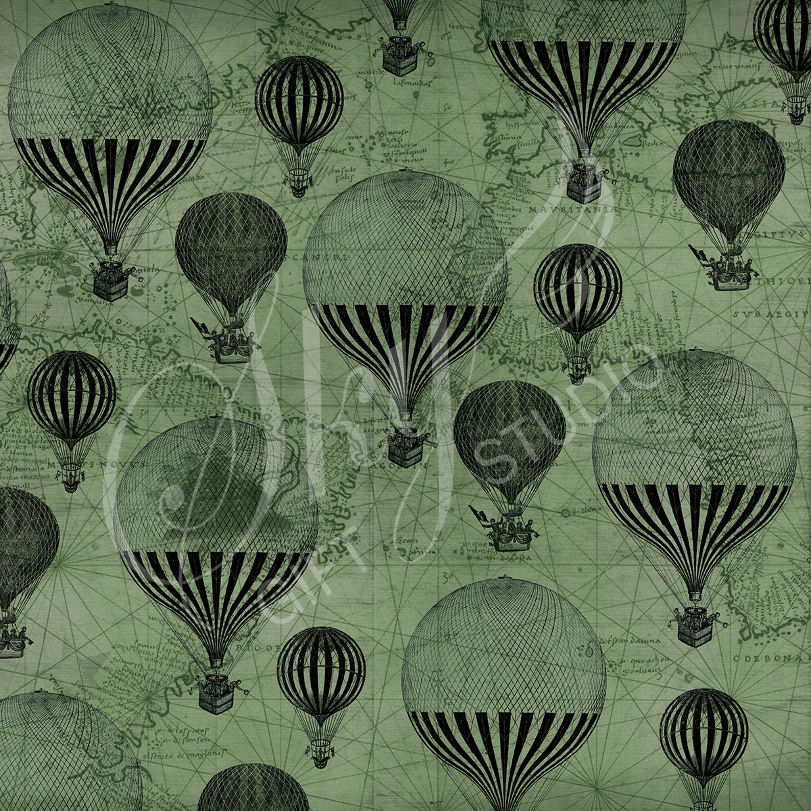 Hot Air Balloon Digital Paper, Vintage Scrapbooking Paper Set, 5 ...