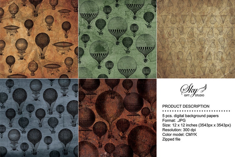 Hot Air Balloon Digital Paper, Vintage Scrapbooking Paper Set, 5 ...