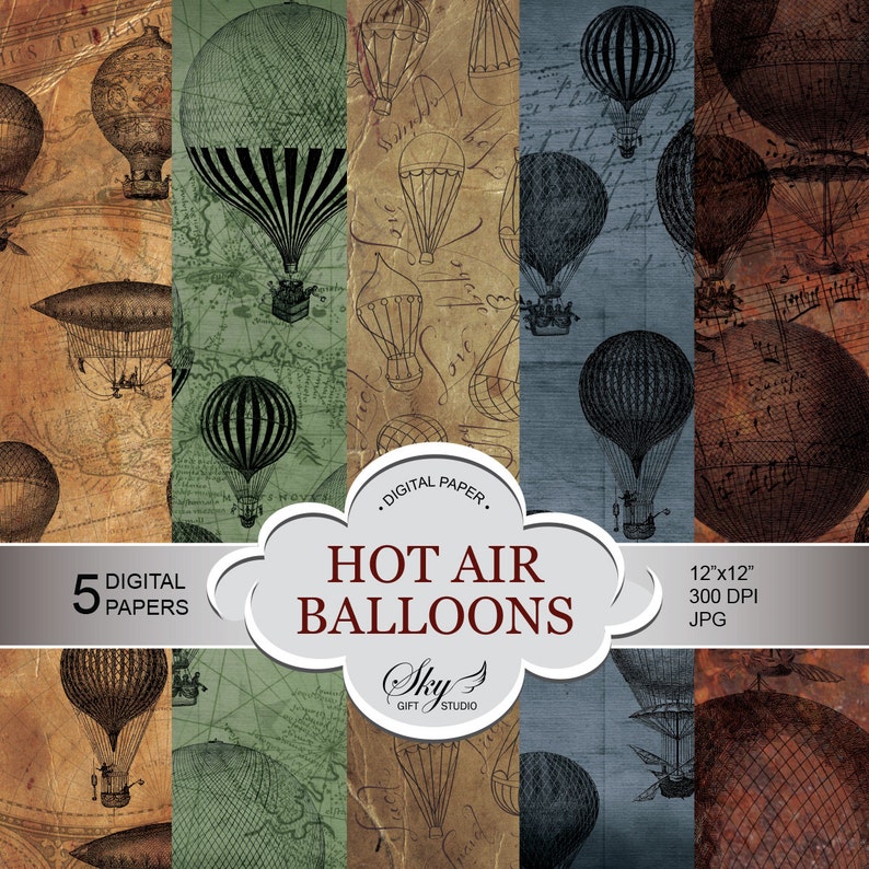 Hot Air Balloon Digital Paper, Vintage Scrapbooking Paper Set, 5 ...