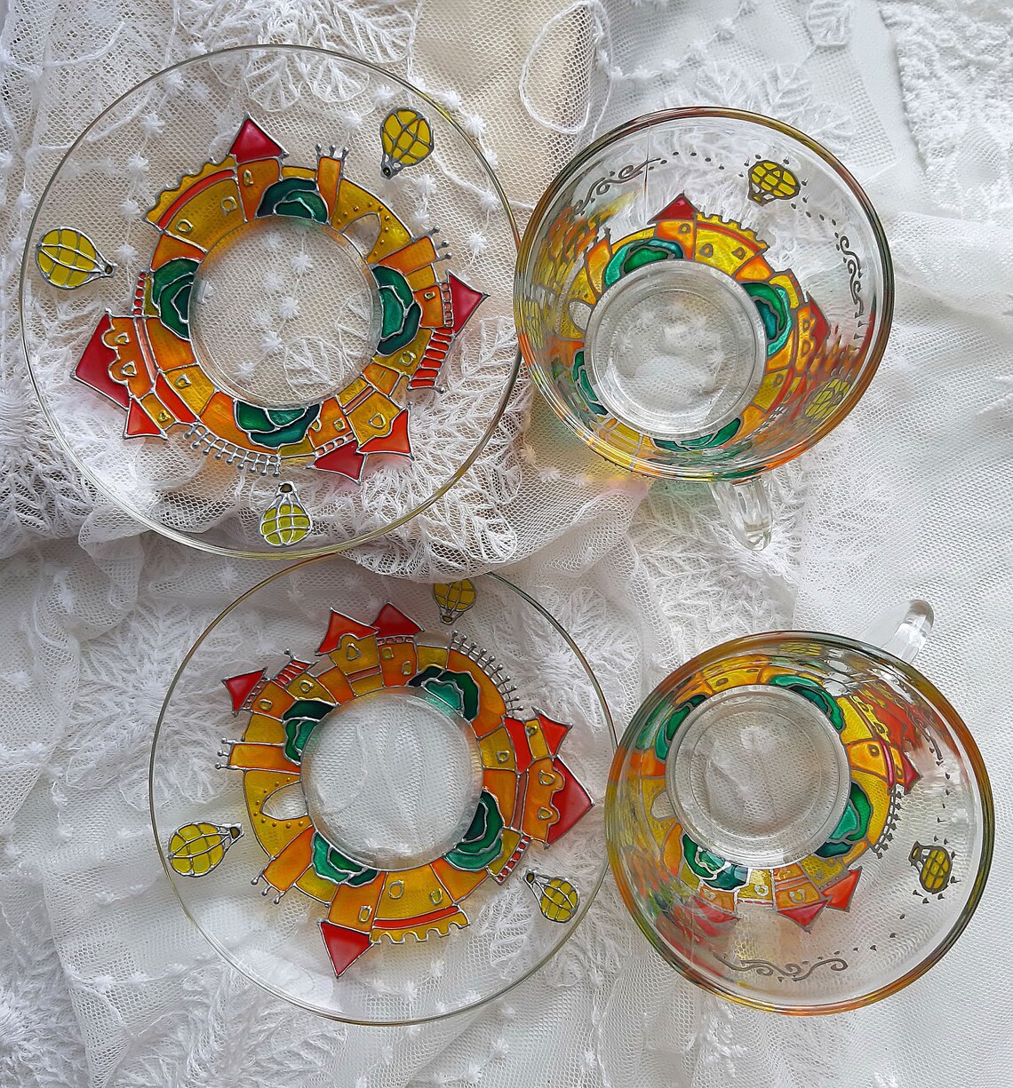 Colorful Tea Set 2 Cups With Saucers Tea Cups and Saucers | Etsy