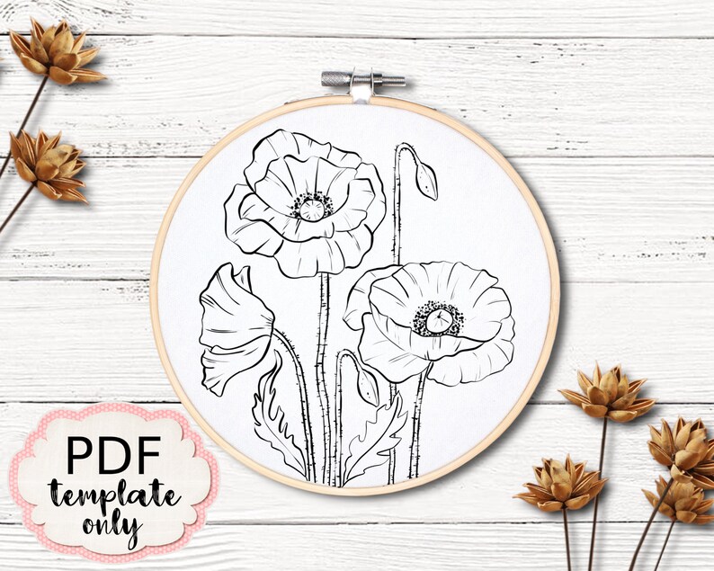 Embroidery Flowers Poppies - PDF Pattern Template ONLY - Hand ...