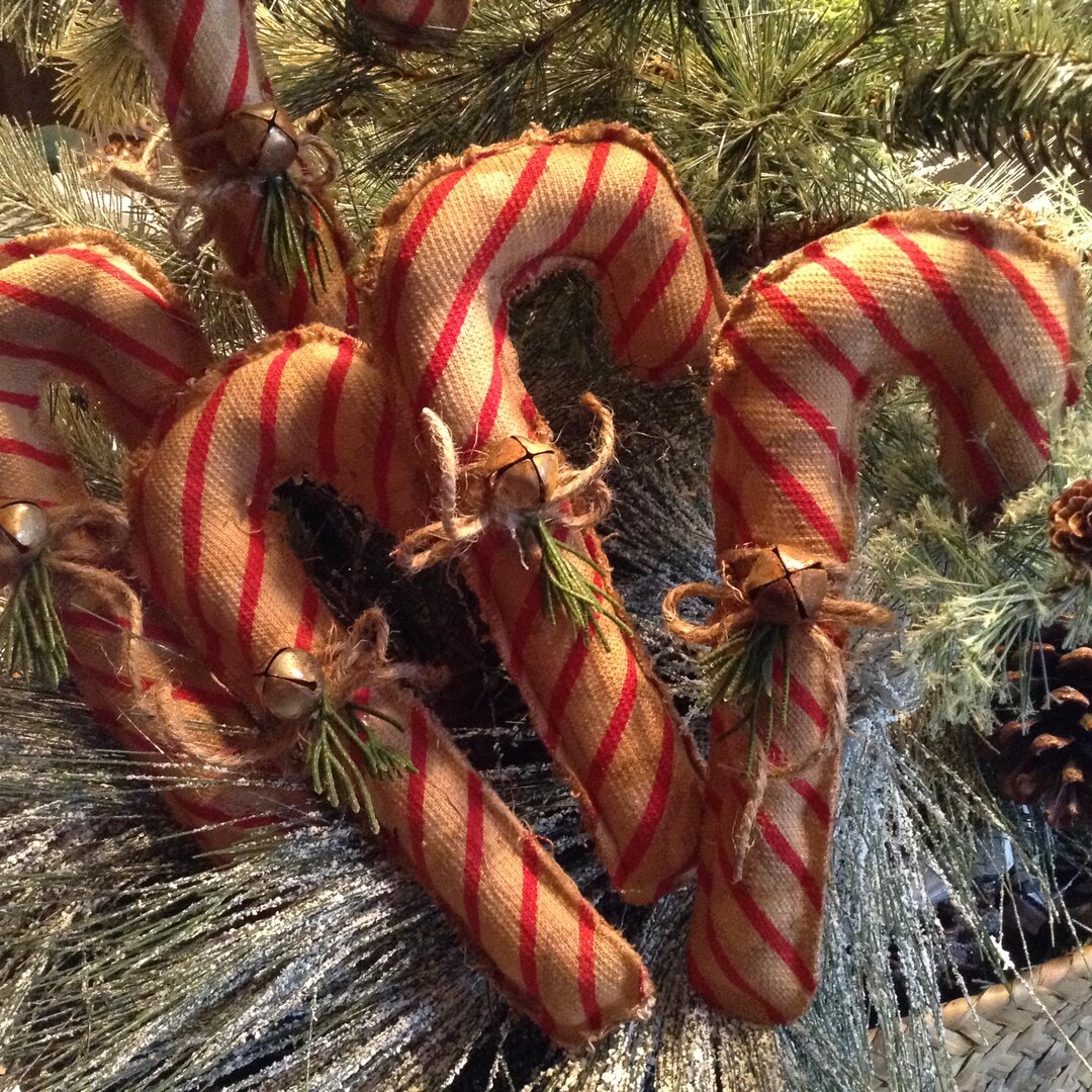 Primitive Candy Cane Ornament Handmade Coffee Dyed Fabric Rusty Bell ...