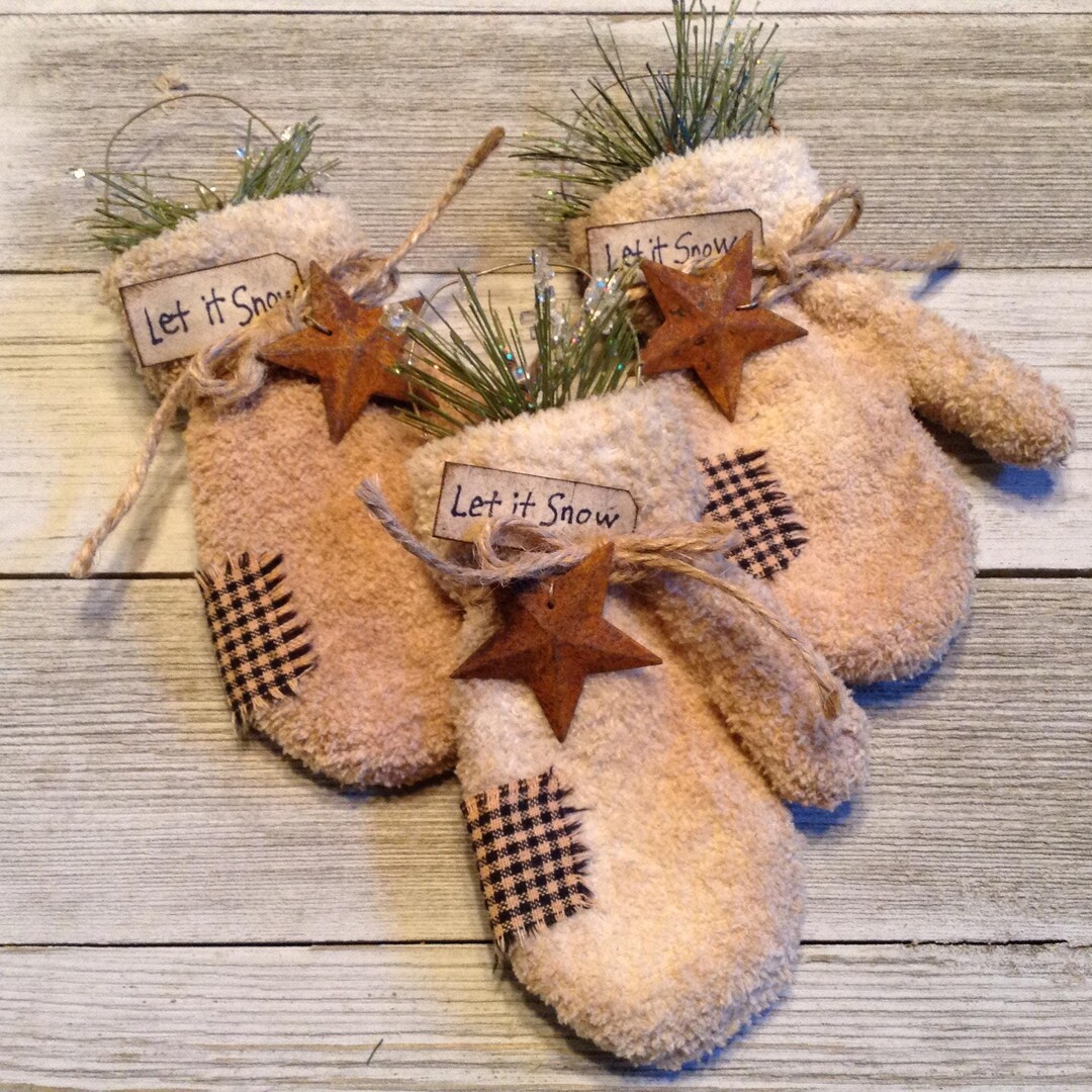 Primitive Mitten Ornament With Rusty Star Twine Sprig Grunge Bowl ...