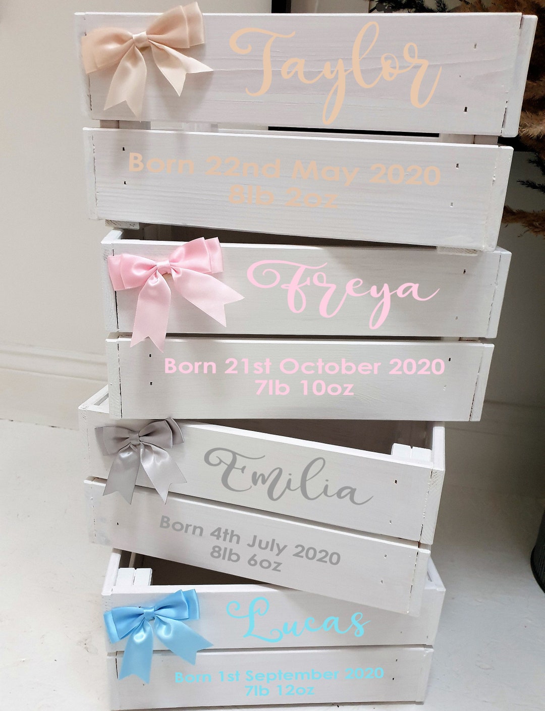 Personalised New Born Baby Box Crate With Bow Personalised Wooden Gift ...