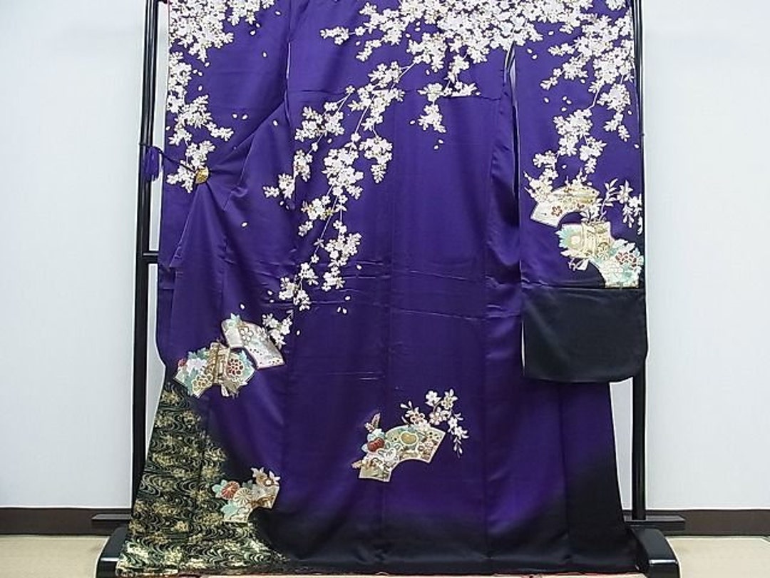 Authentic Kimono Floral Dark Purple Furisode Silk High Quality From ...