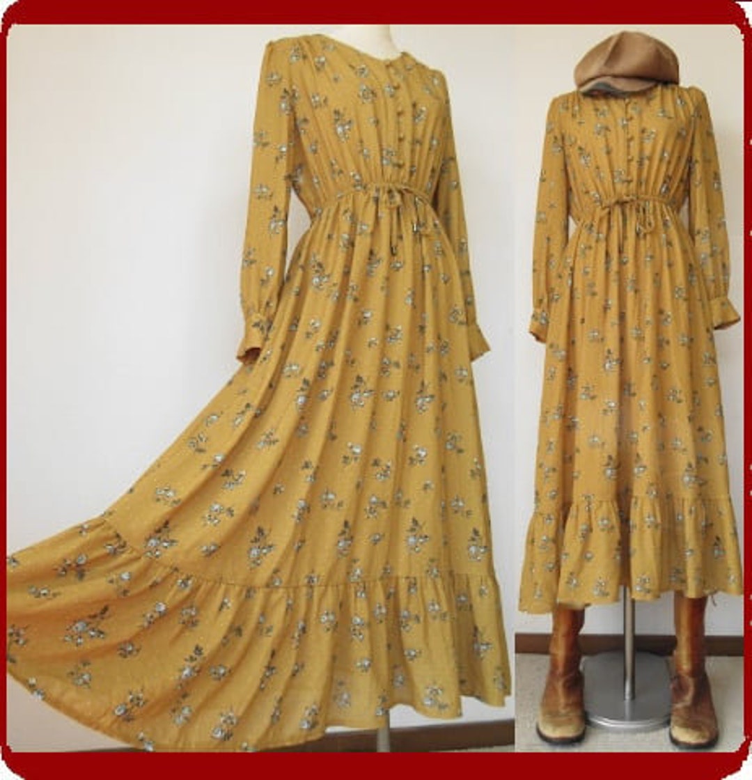 Retro Style Yellow Small Flower Print Long Flared Dress 80s Classical ...