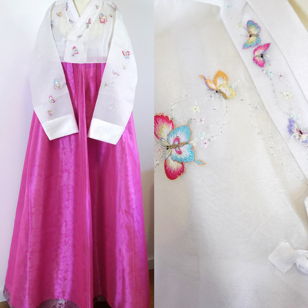 Traditional Korean Hanbok SET White Jeogori Top With Embroidery, Pink ...