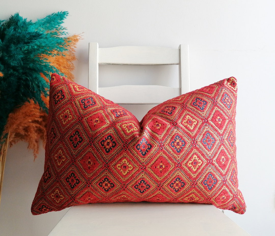 Bright Red Turkish Kilim Pillow Lumbar Pillow Cover 16x24 Turkish ...