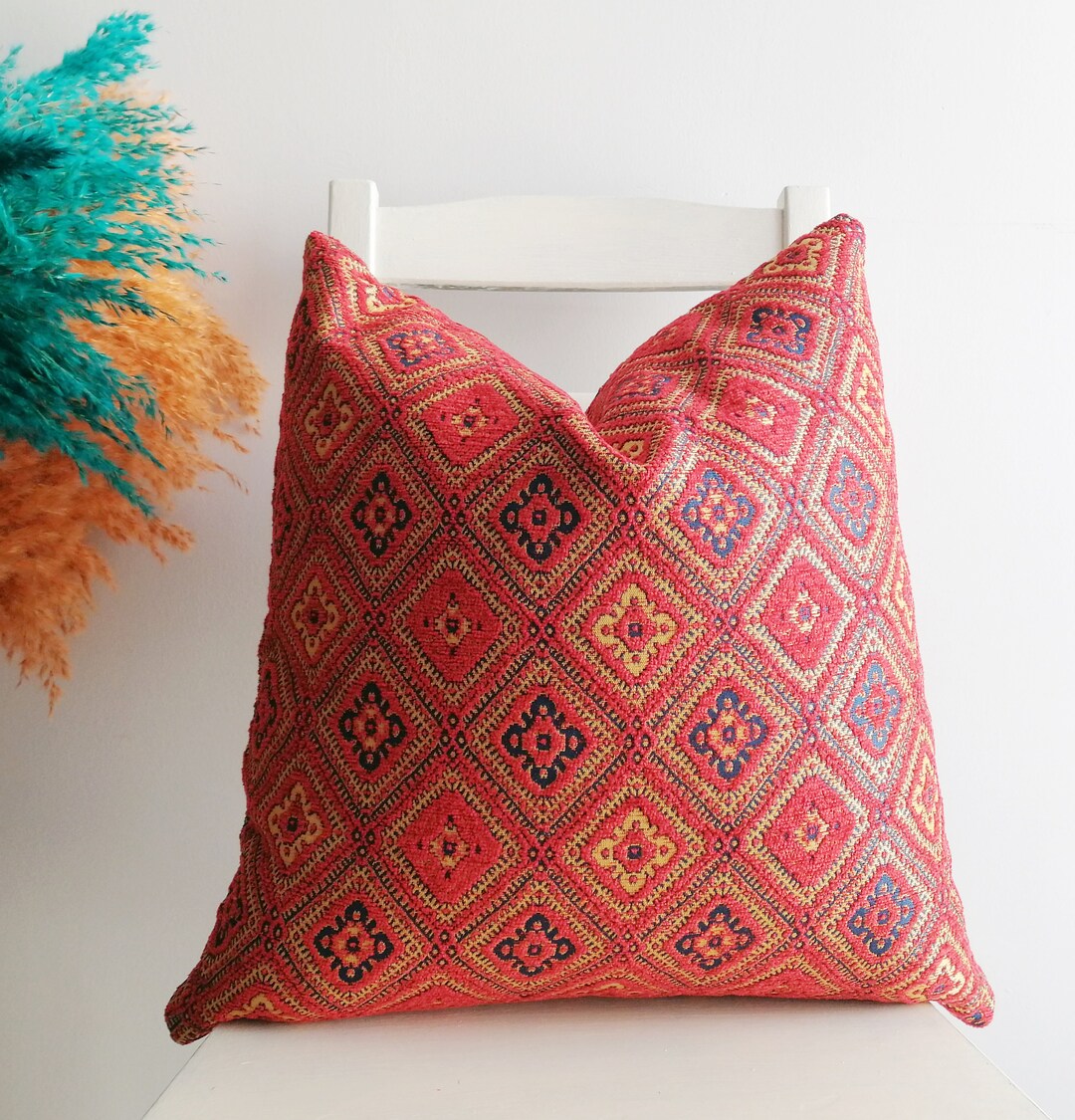 Bright Red Turkish Kilim Pillow Lumbar Pillow Cover 18x18 Turkish Boho ...