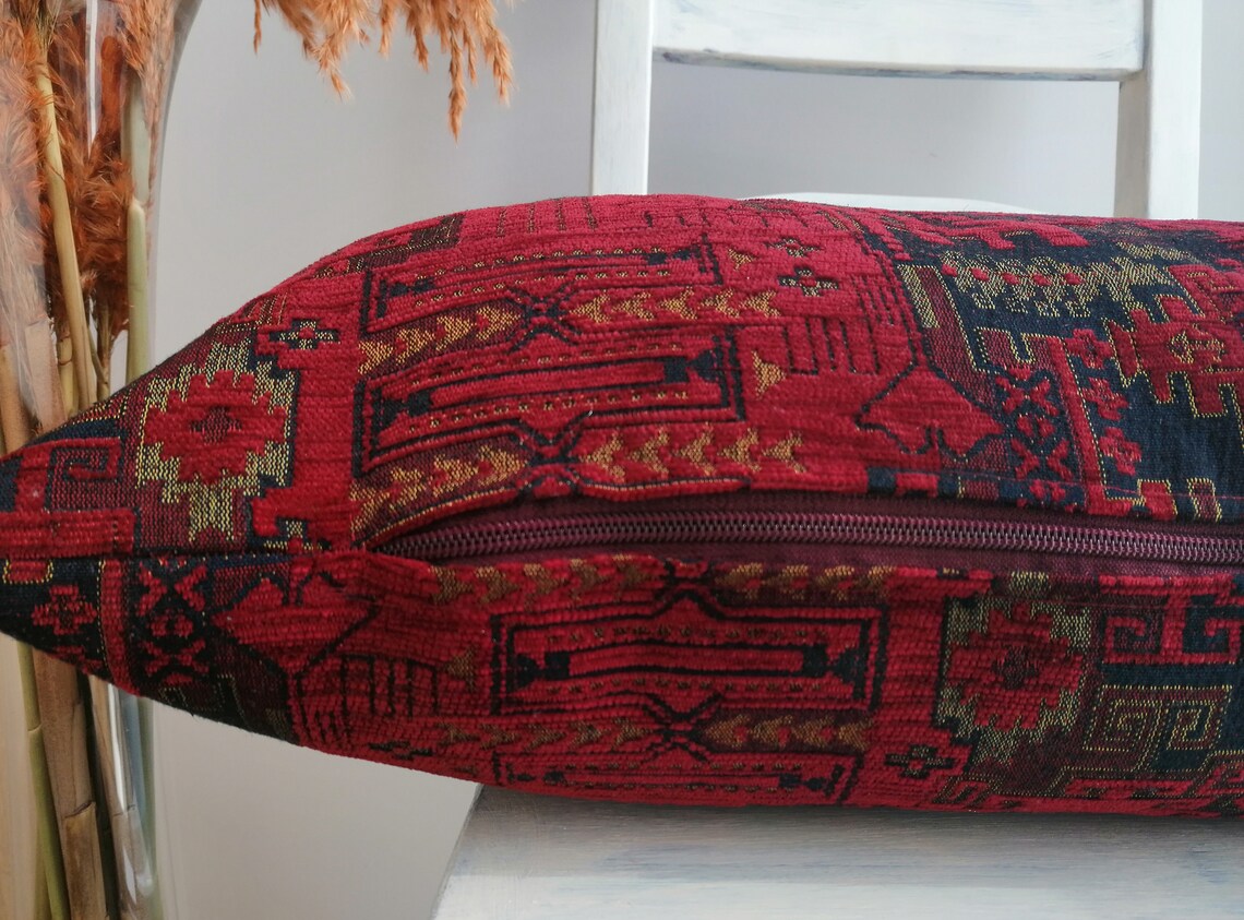 Dark Red Turkish Kilim Pillow Lumbar Pillow Cover 16x24 Turkish Boho ...