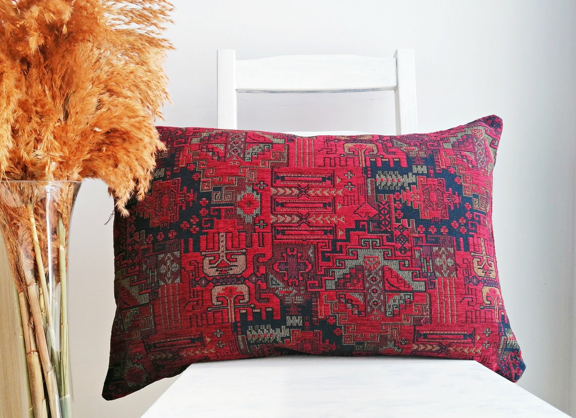 Dark Red Turkish Kilim Pillow Lumbar Pillow Cover 16x24 Turkish Boho ...