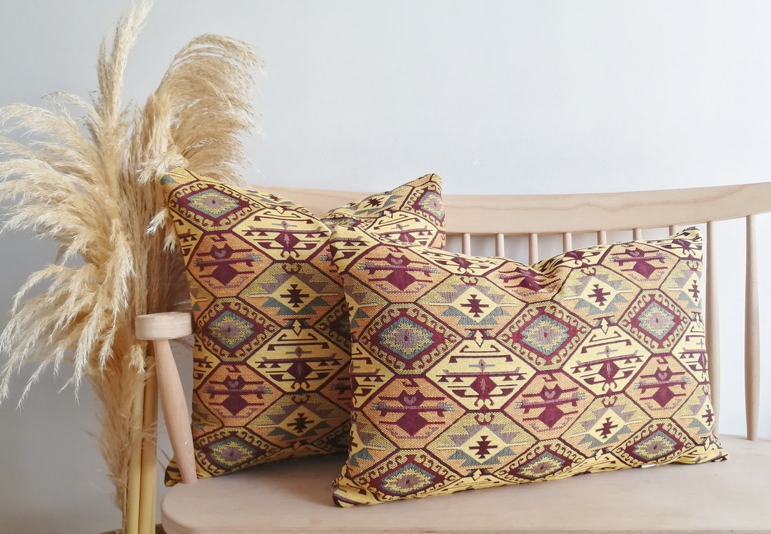 Yellow Throw Pillow Yellow Lumbar Pillow Turkish Kilim Pillow Cover ...