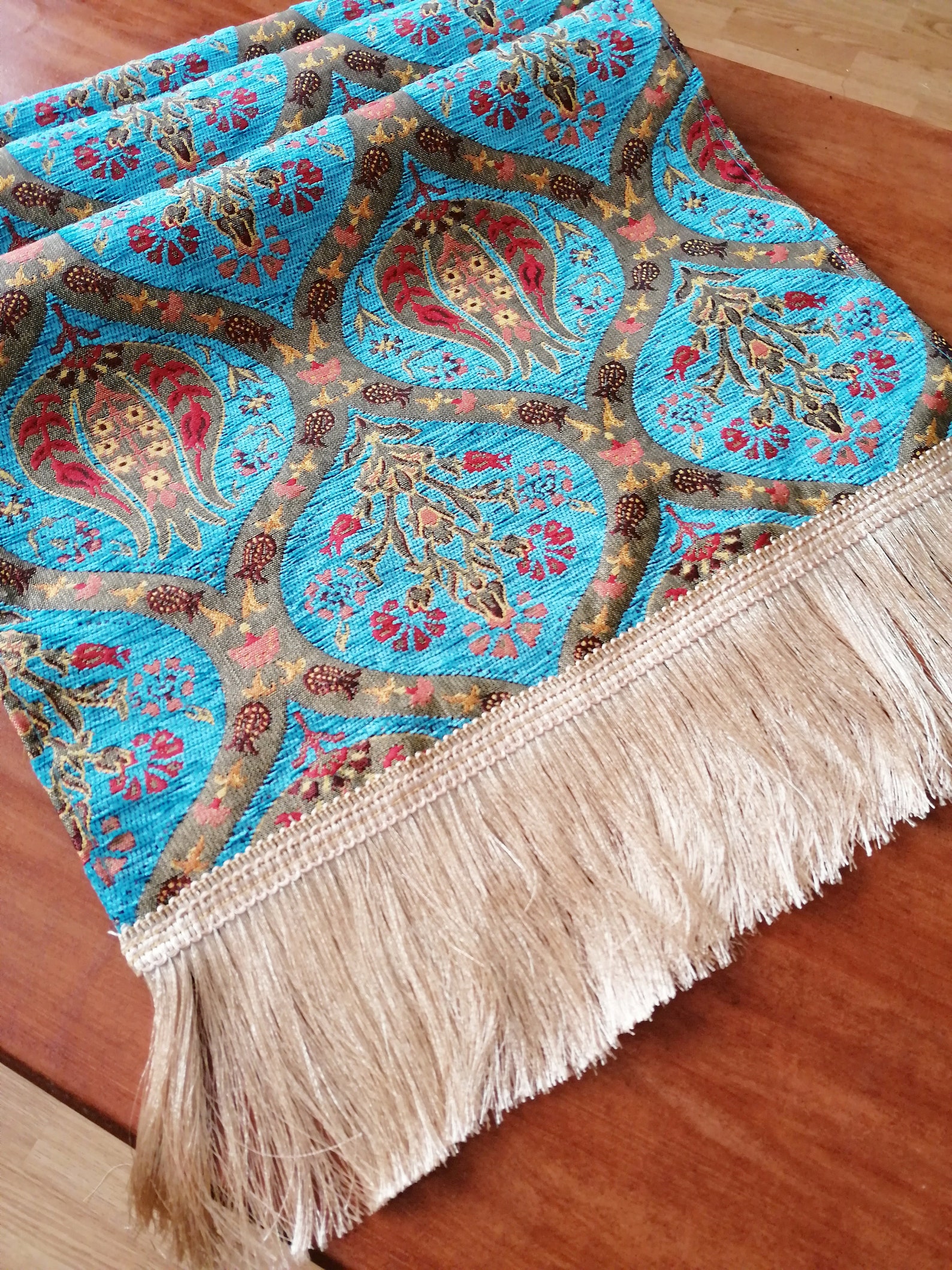 Turkish Table Runner With Tassels Turquoise Green Red Table | Etsy