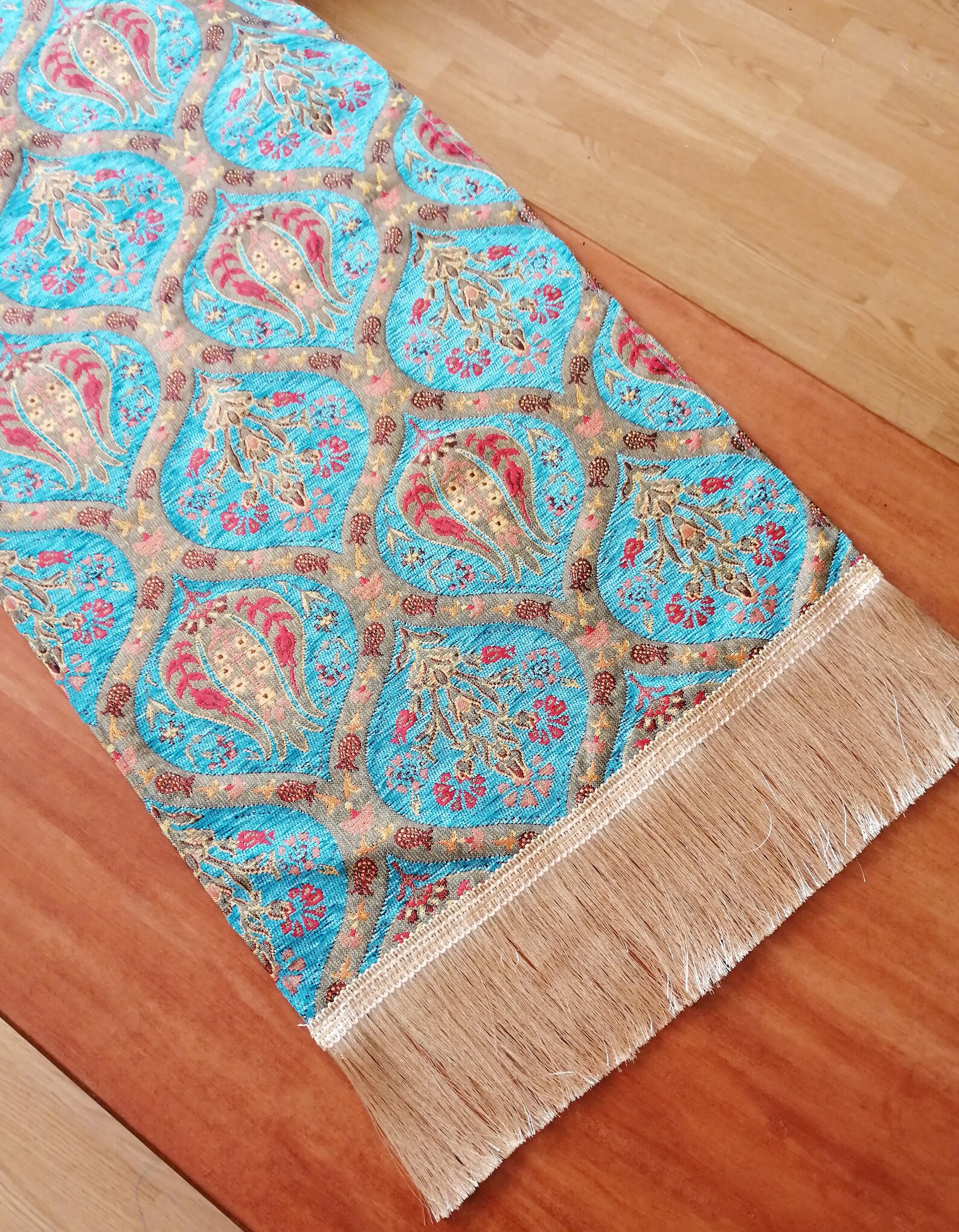 Turkish Table Runner With Tassels Turquoise Green Red Table | Etsy