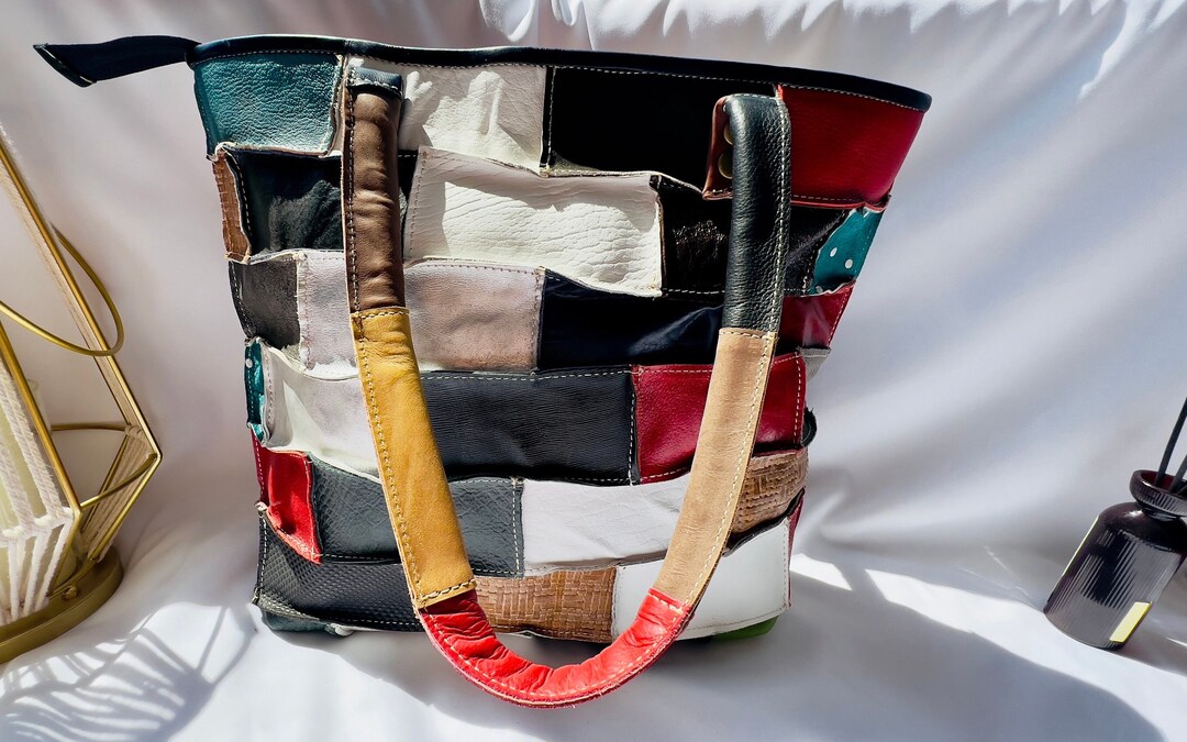 Original Leather Vintage Tote Woman Bag Multi Colored Patch Bag - Etsy