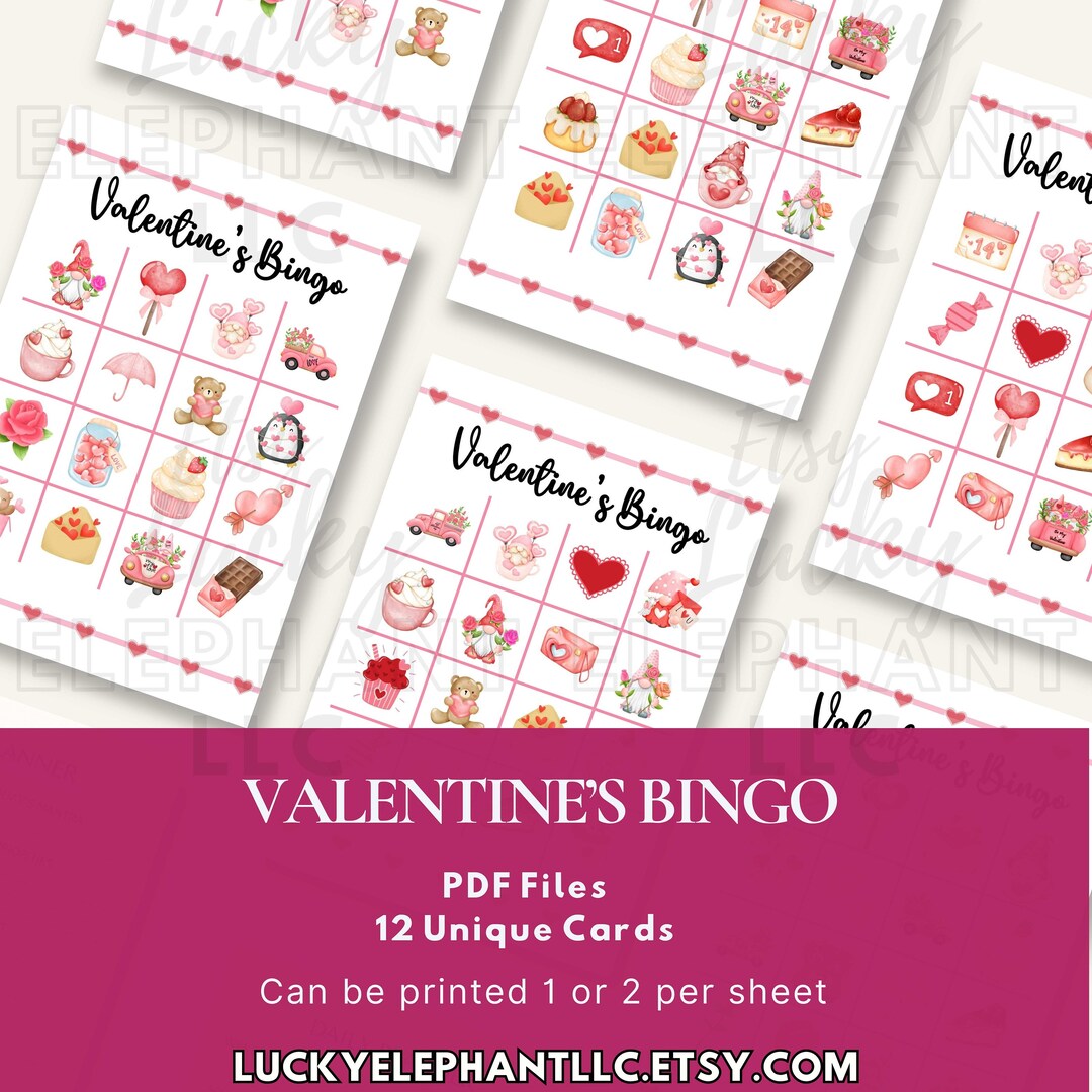 12 Valentine Day Bingo Cards PDF Printable Gnome Holiday Party Instant ...